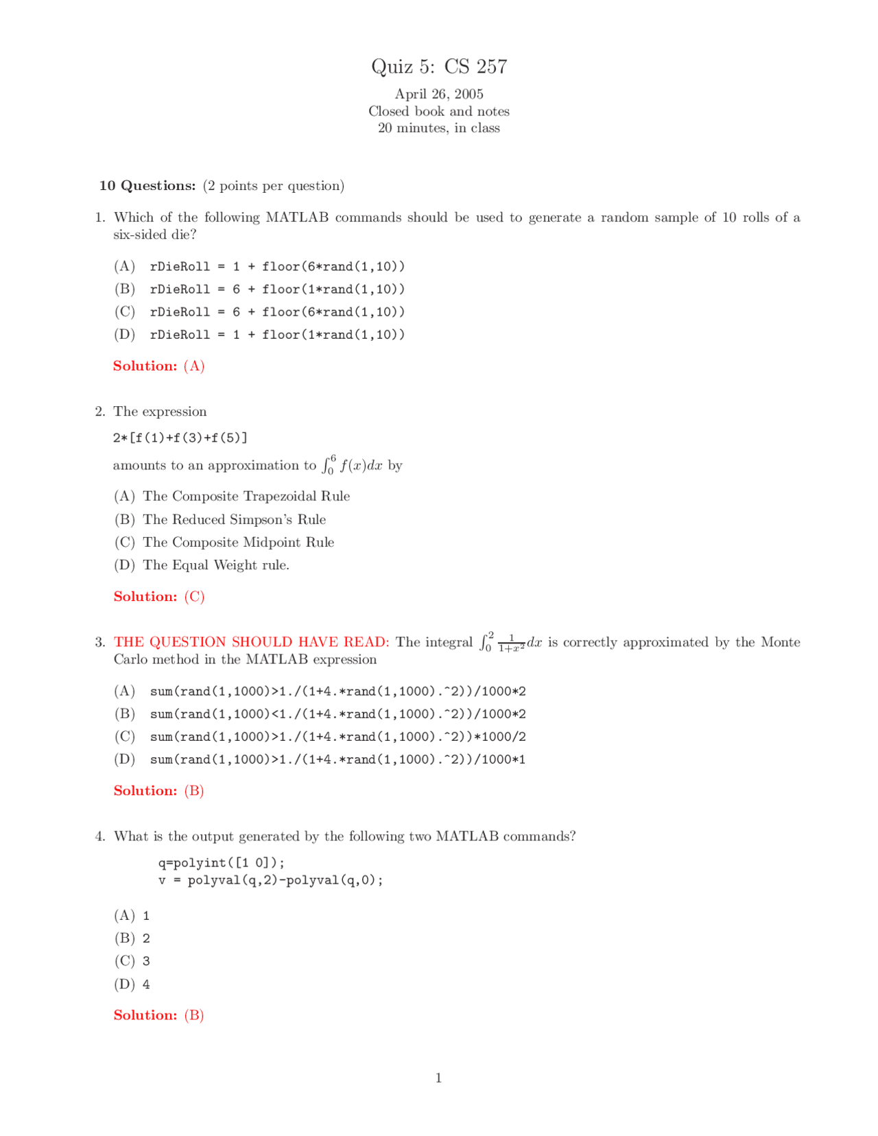 Numerical Methods Quiz 5 With Solutions Cs 257 Docsity