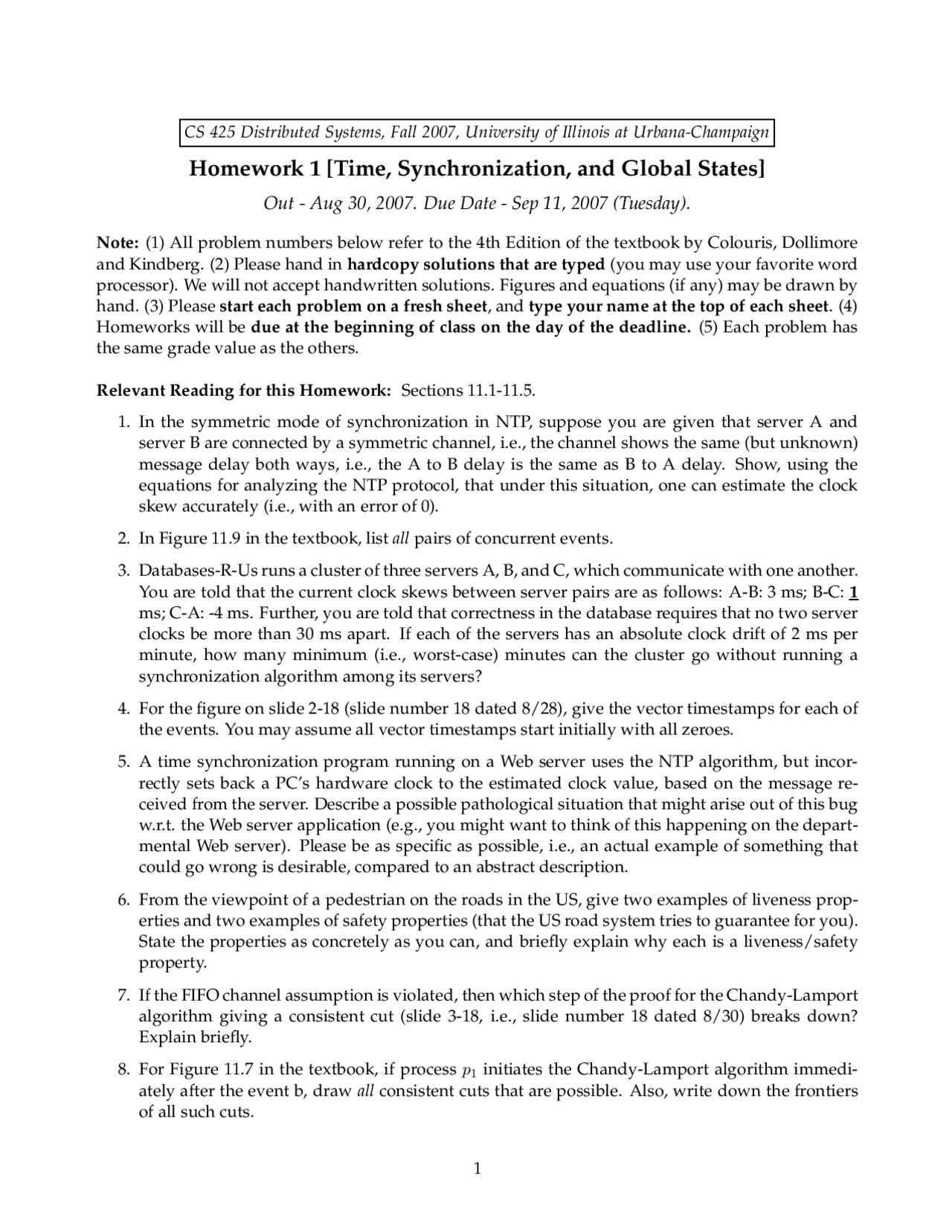 Time Synchronization And Global States Homework 1 Cs 425 Docsity