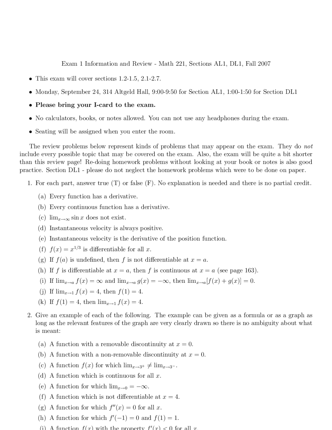 Exam 1 Information and Review - Calculus I | MATH 221 | Study notes ...