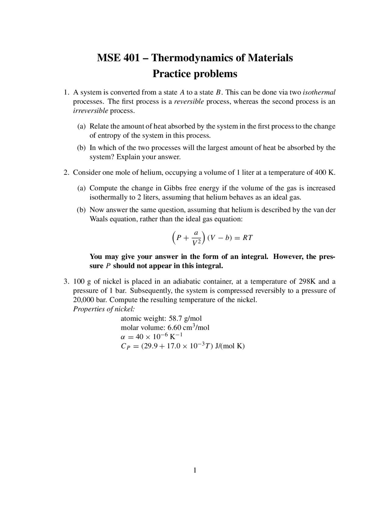 Practice Problems For Thermodynamics Of Materials Mse 401 Docsity