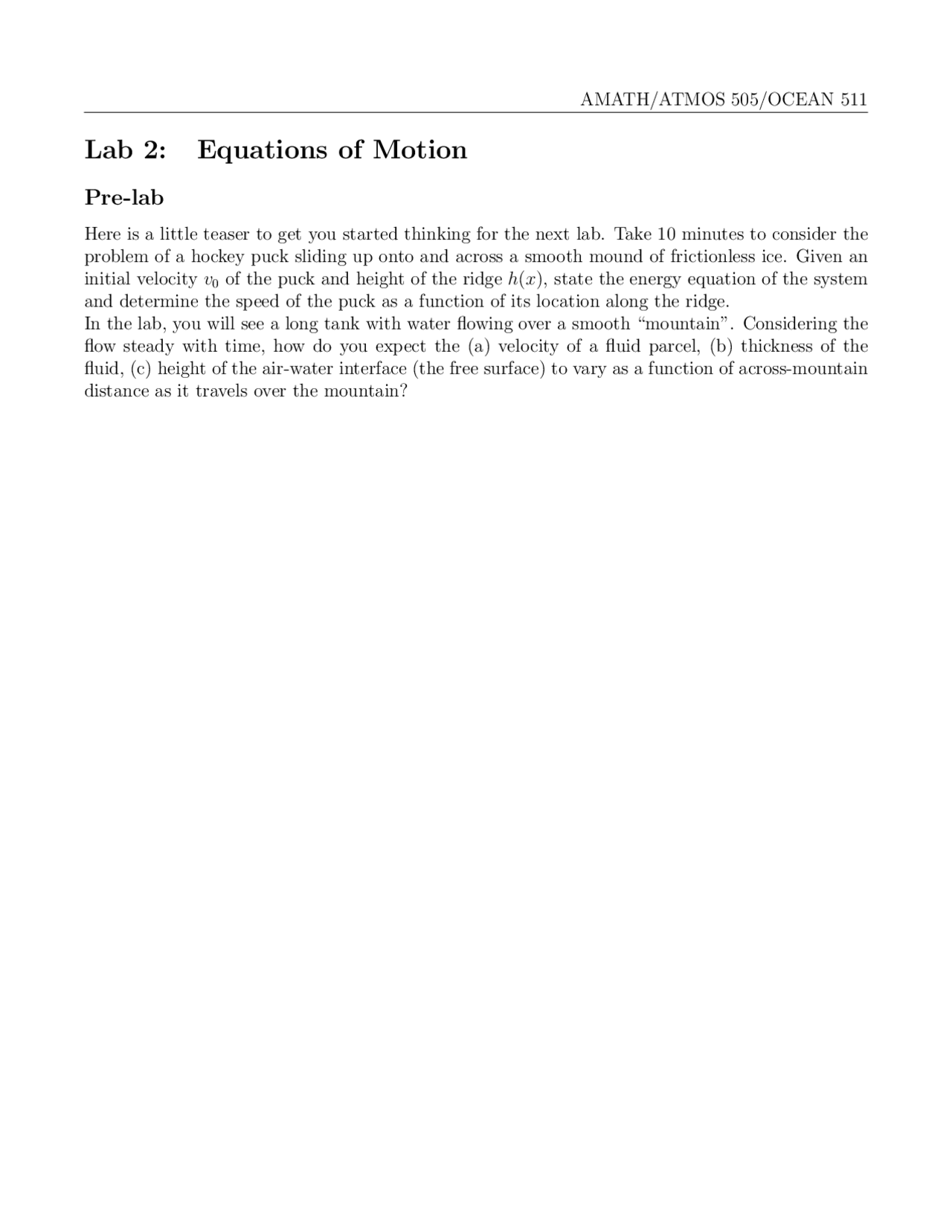 Lab 2 Equation Of Motion Fluid Dynamics Ocean 511 Docsity