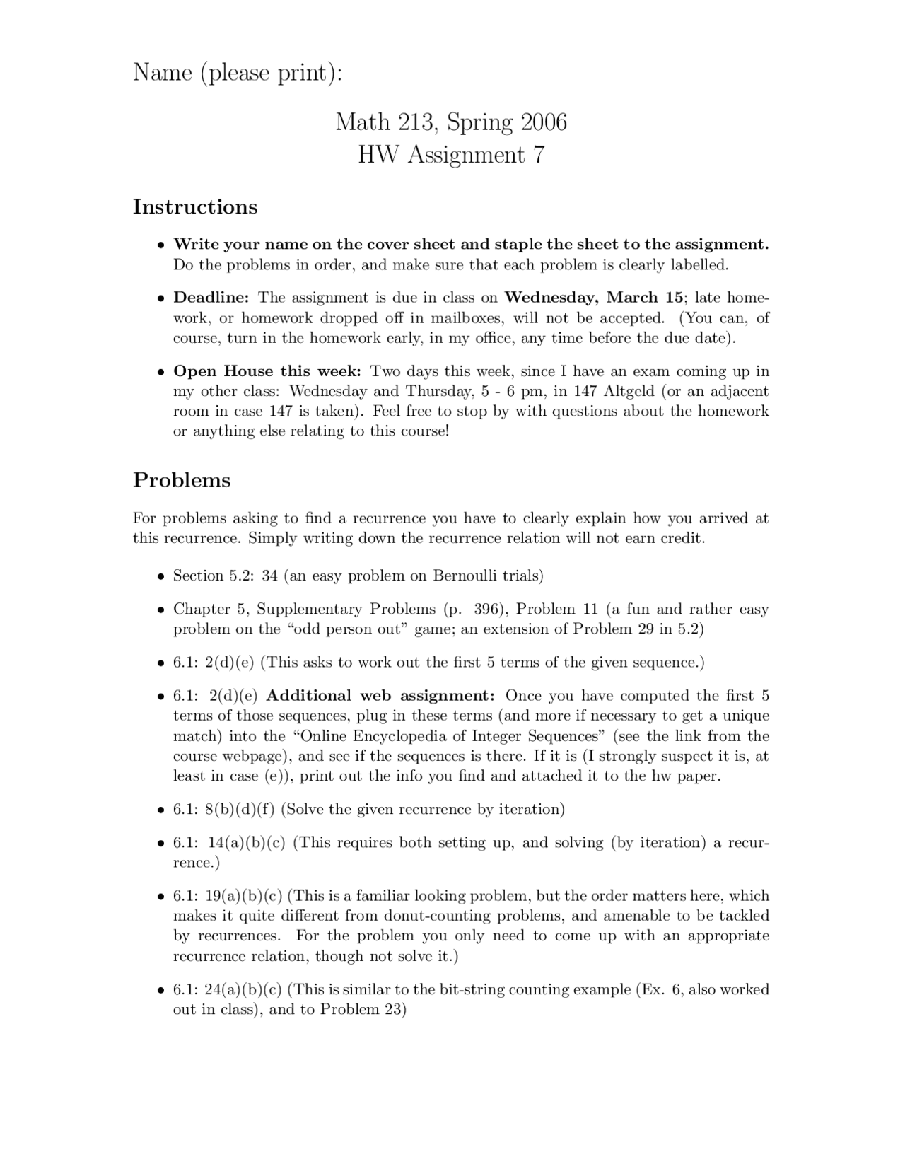 Problems On Basic Discrete Math Homework 7 Math 213 Docsity