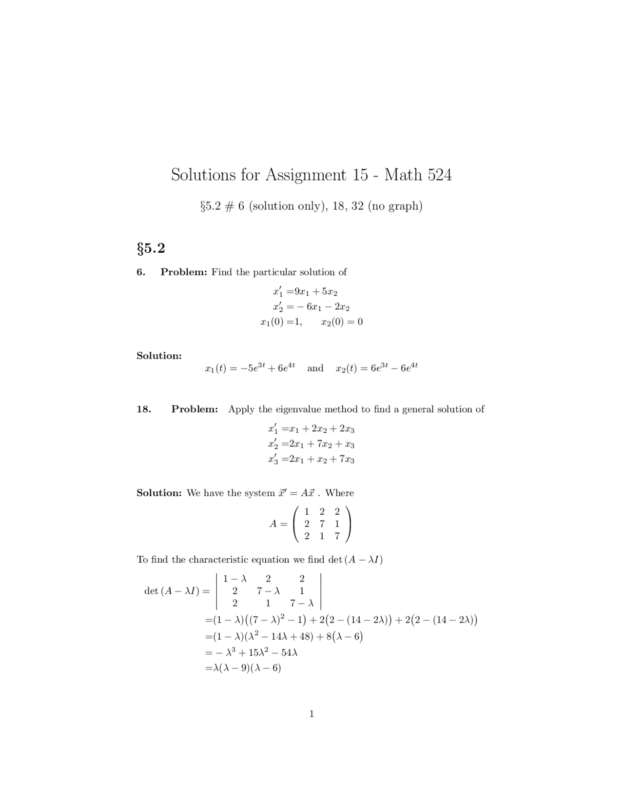 Solutions For Assignment 15 Elementary Differential Equations Math