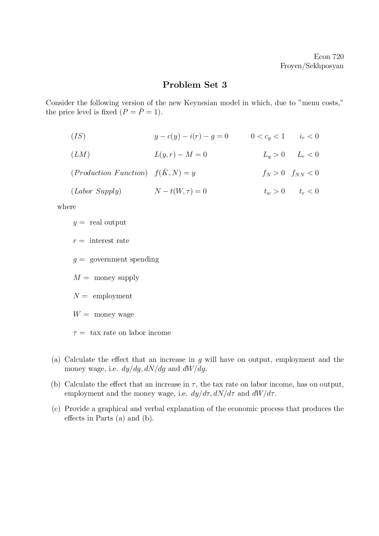 Problem Set 3 Advanced Macroeconomic Theory I Econ 720 Docsity