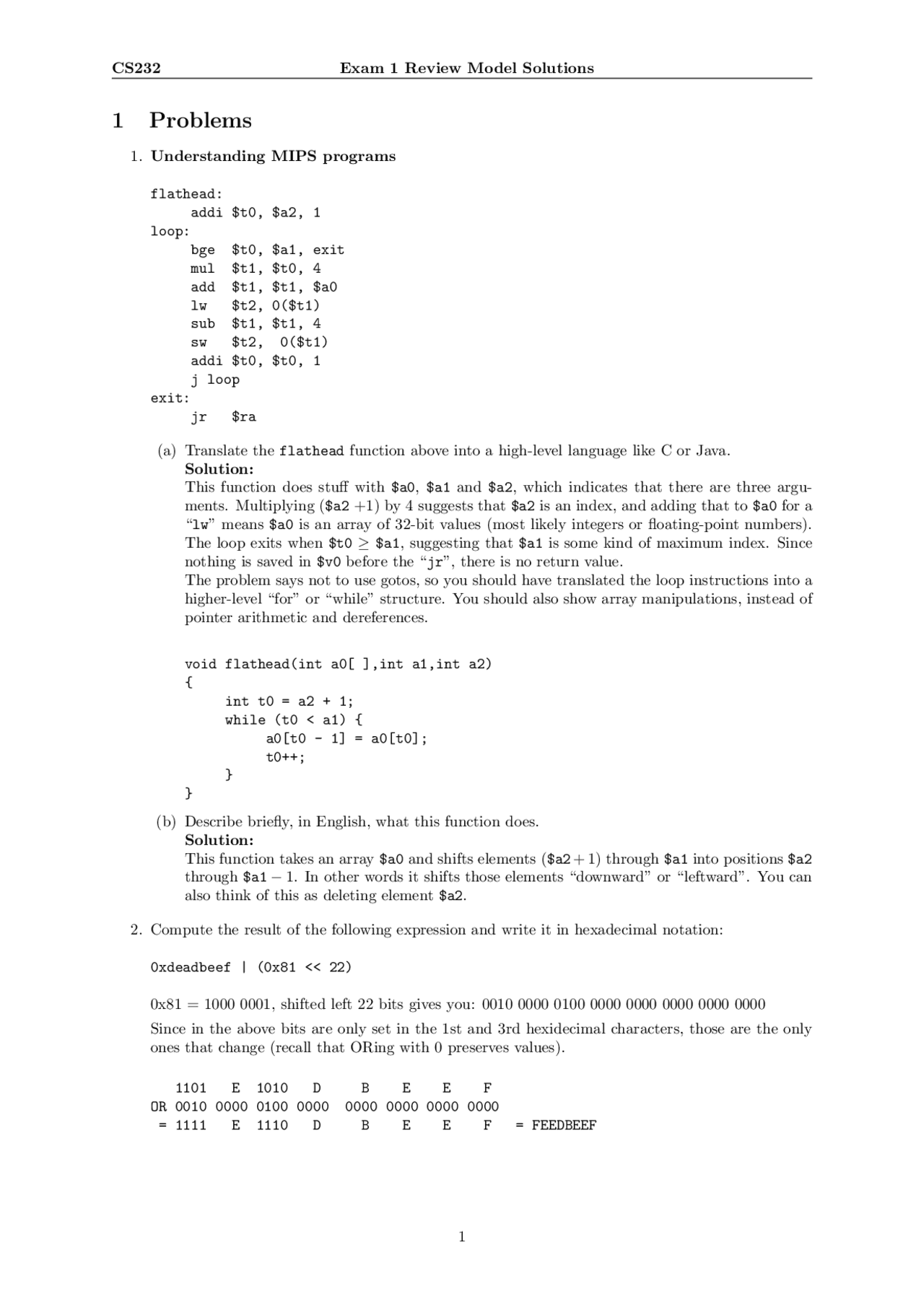 Exam 1 Review Model Solutions Computer Architecture Ii Cs 232 Docsity
