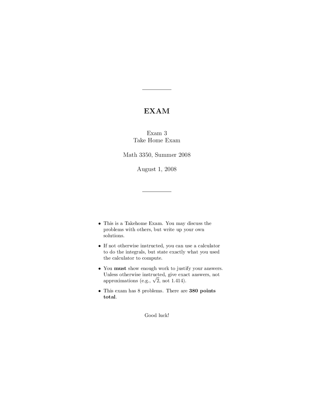 Laplace Transform And Functions Exercises For Exam Aug2008 Math