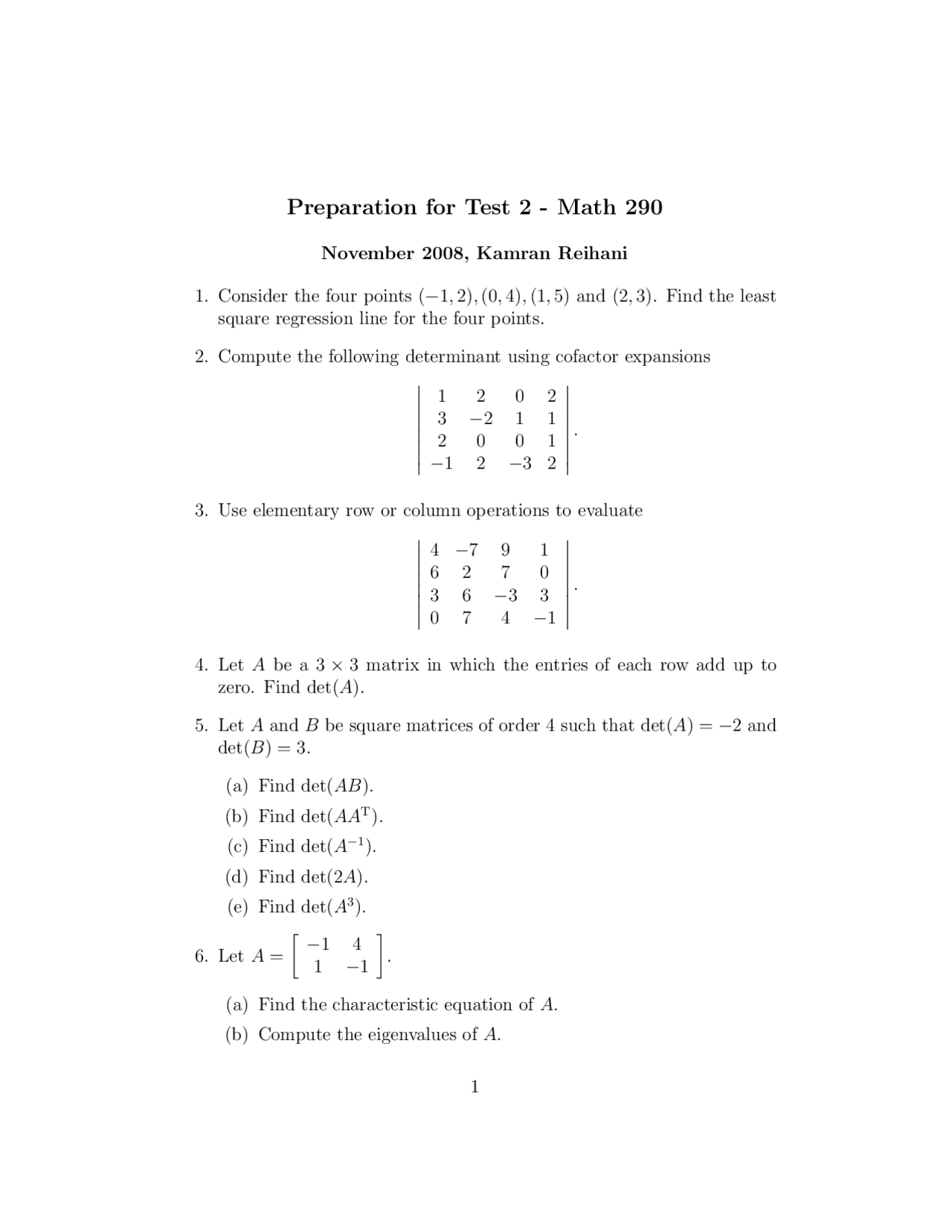 Math 290 Preparation for Test 2: Linear Algebra Problems | Exams Linear ...