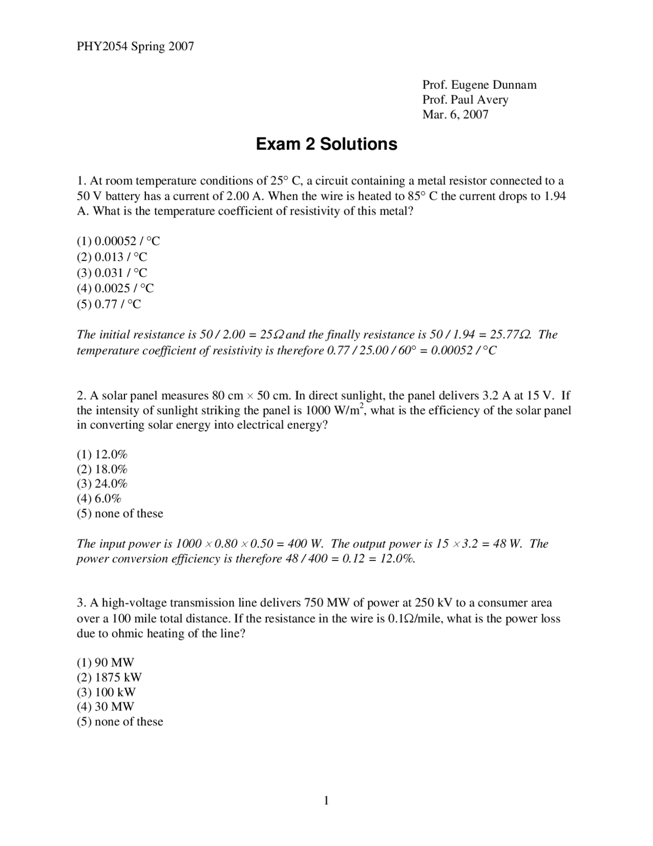 Practice Exam 2 Solutions - Spring 2007 - Physics 2 | PHY 2054 - Docsity