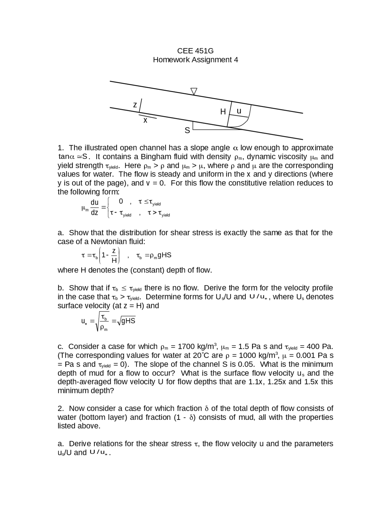 Homework Assignment IV - Environmental Fluid Mechanics | CEE 451 - Docsity