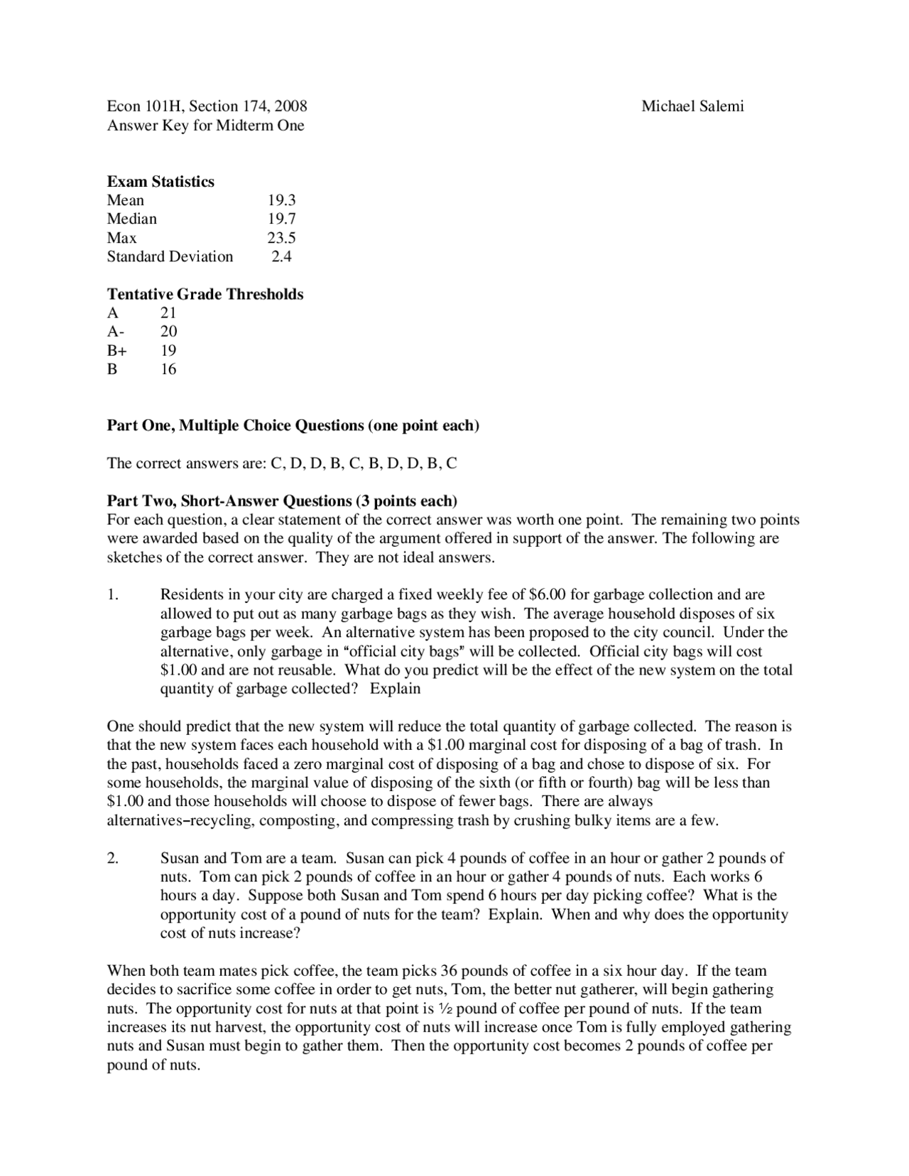 Econ 101H Midterm 1 Answer Key: Mean, Median, Max, SD, and Essay ...