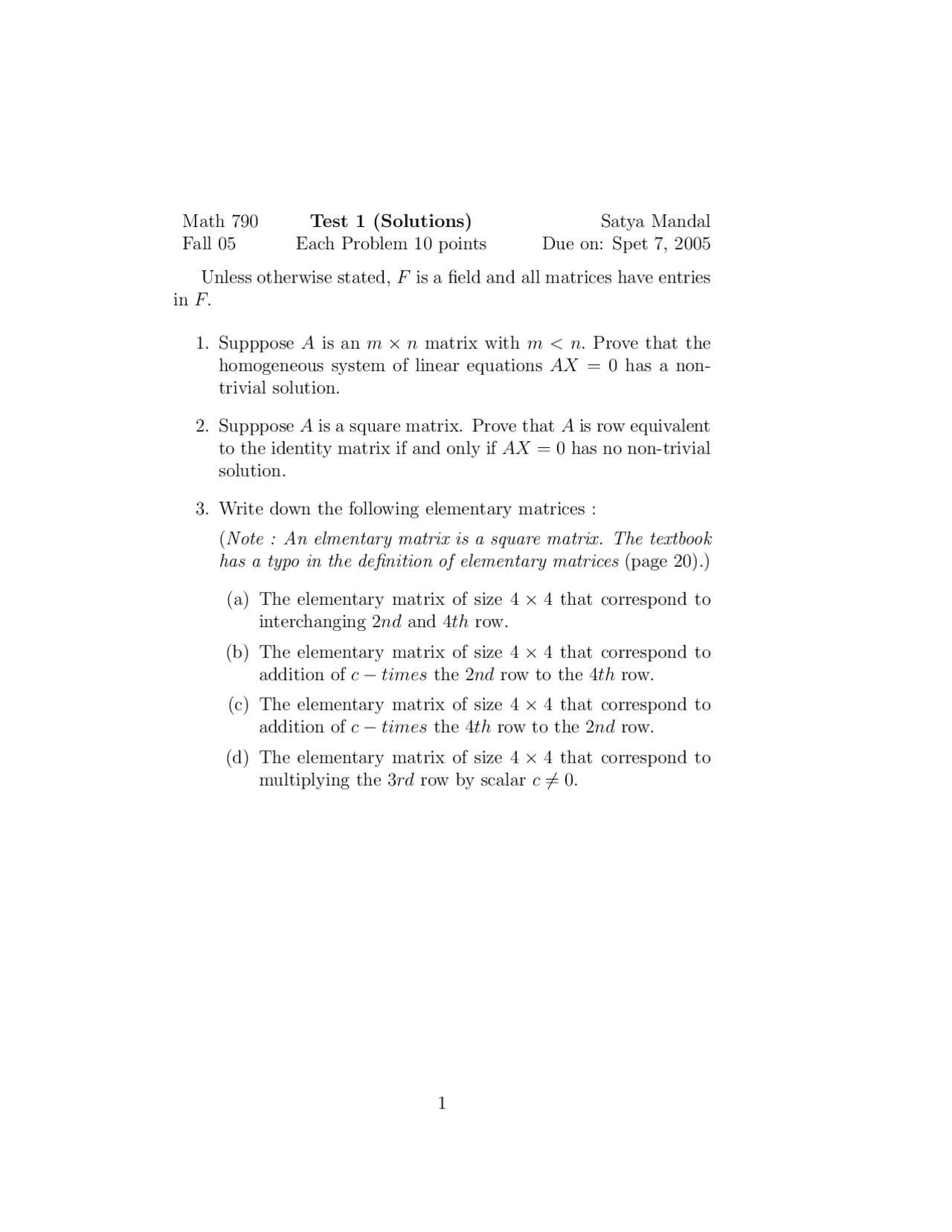 Test 1 Solutions Linear Algebra Ii Fall 2005 Math 790 Docsity
