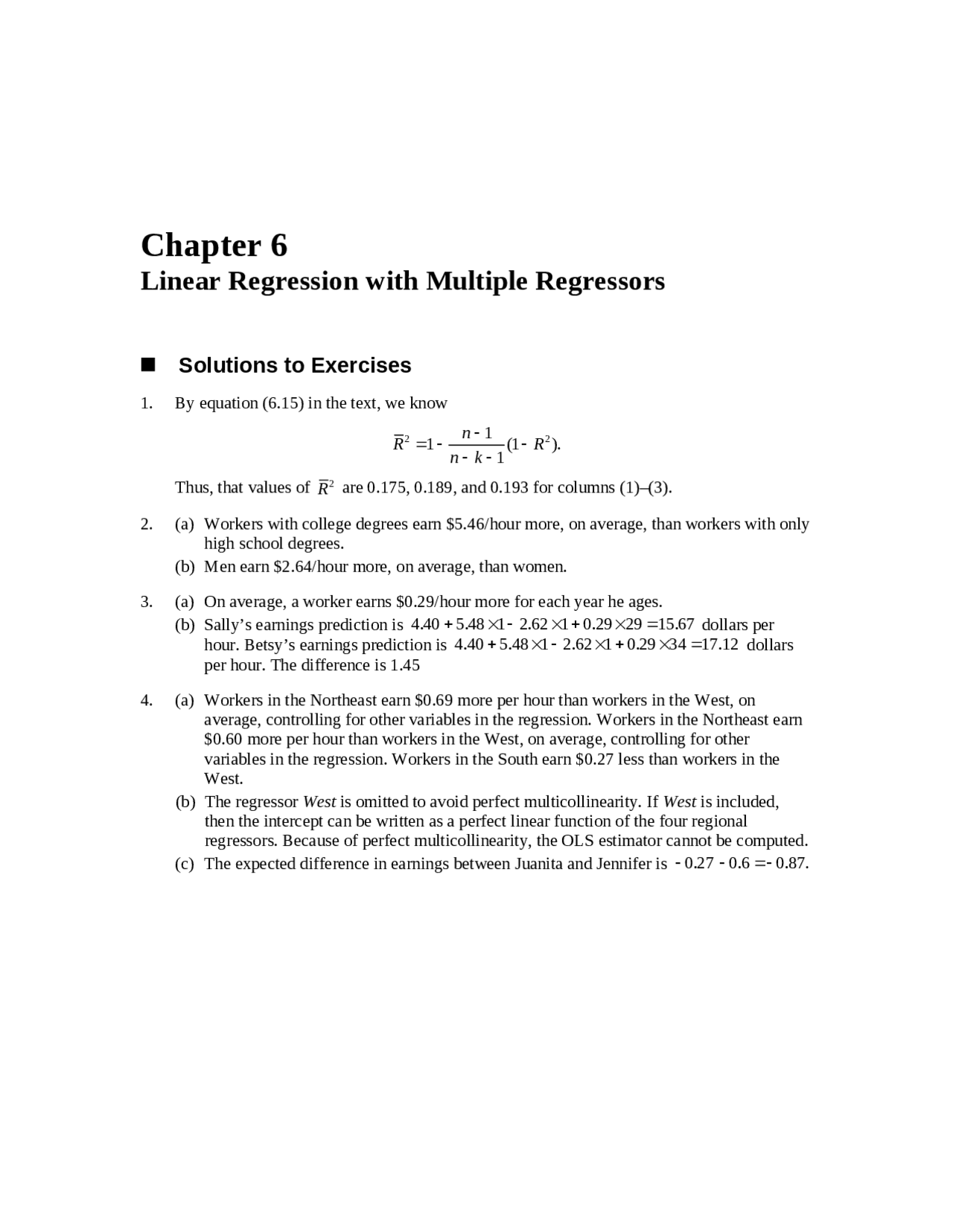 Linear Regression And Multiple Regressor Solutions To Exercises Eco