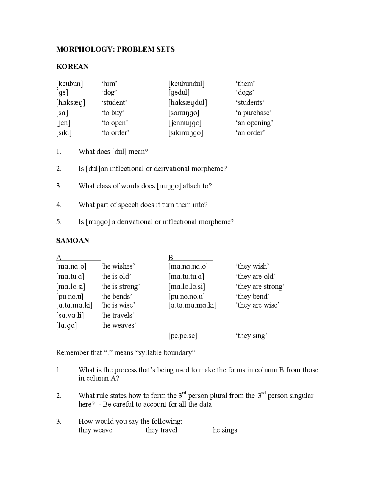 Problem Sets On Morphology Of Korean Language Assignment Ling 101