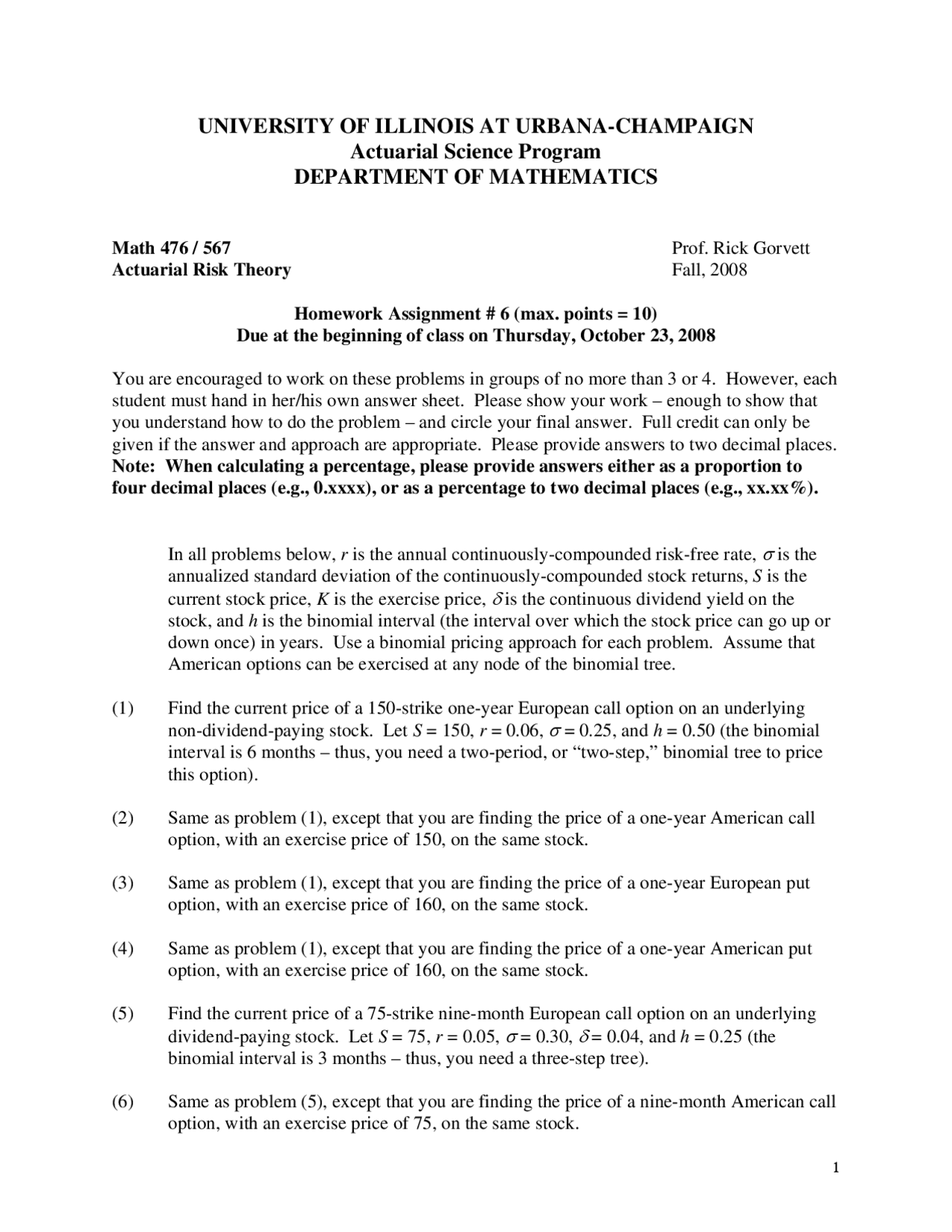 10 Questions For Assignment 6 Actuarial Risk Theory Math 476 Docsity
