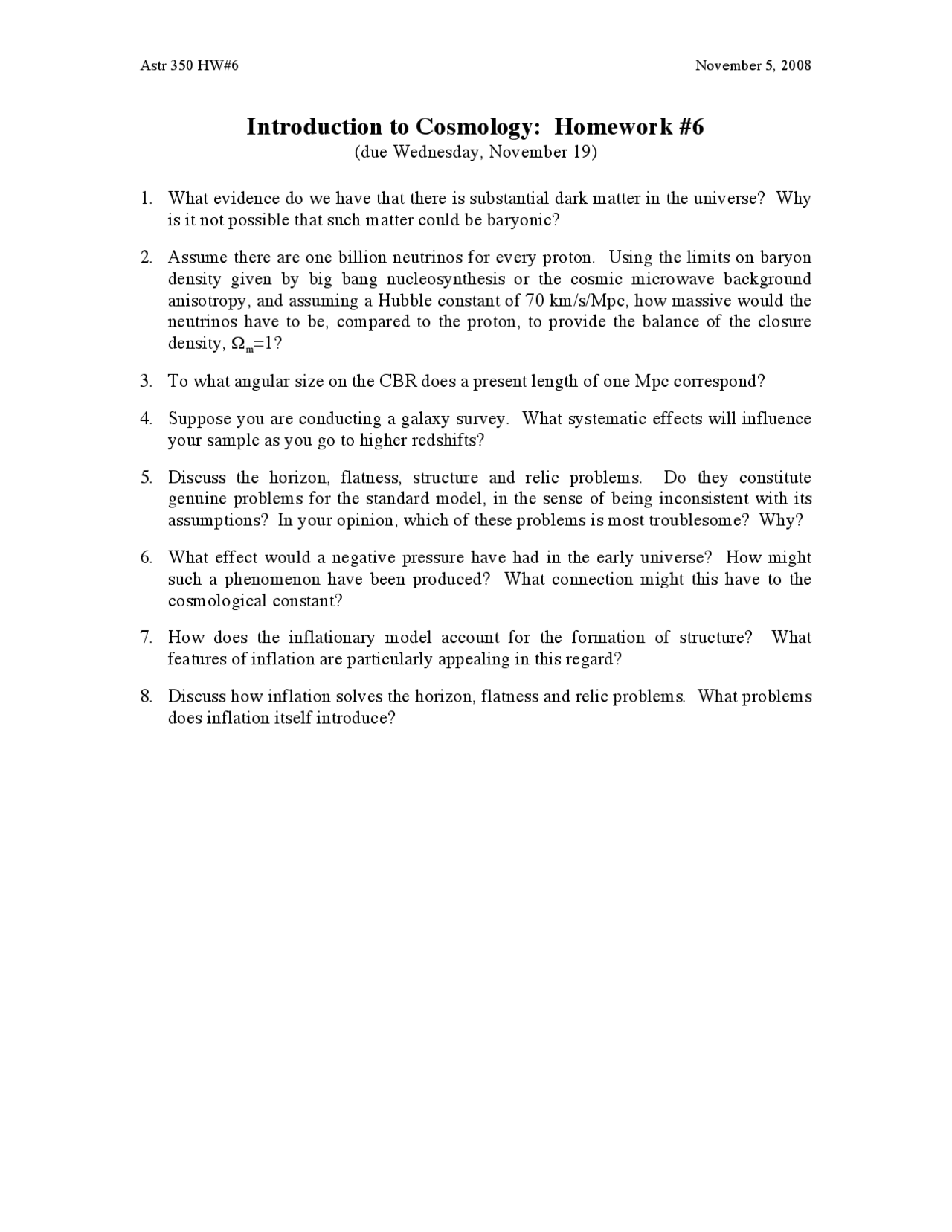 Introduction To Cosmology Homework 6 Astr 350 Docsity