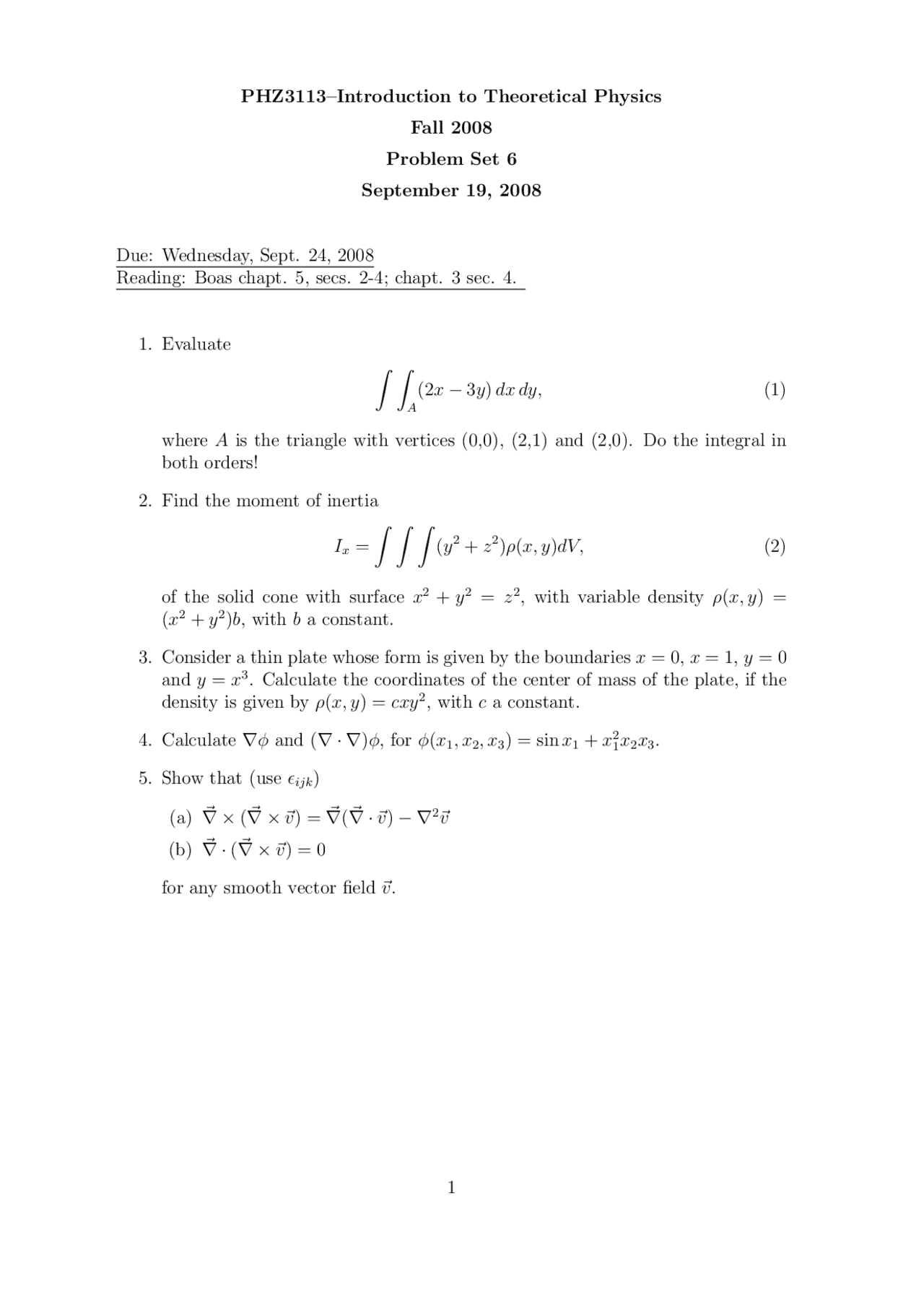 Problem Set 6 - Introduction to Theoretical Physics | PHZ 3113 - Docsity