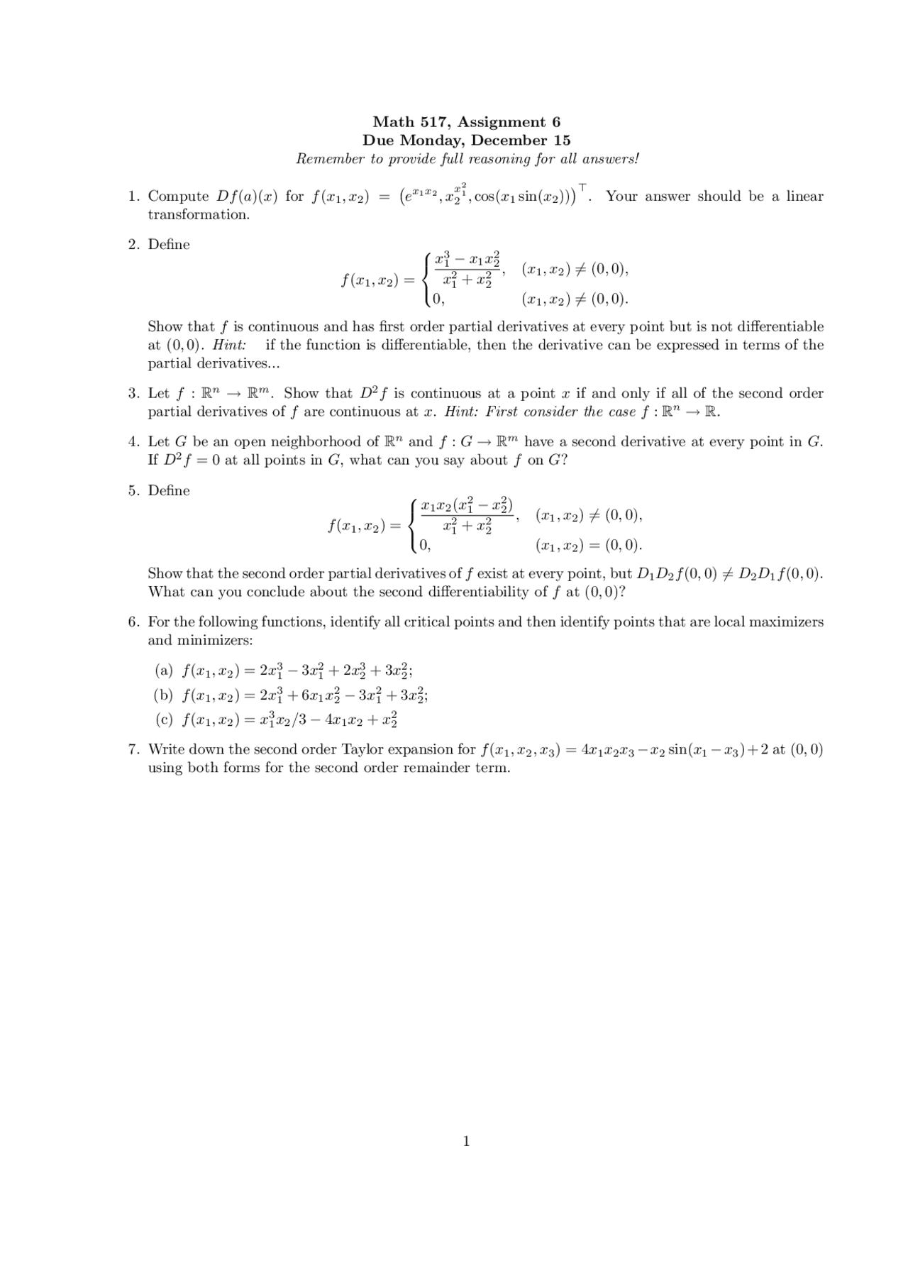 7 Questions In Homework 6 Introduction To Real Analysis Math 517