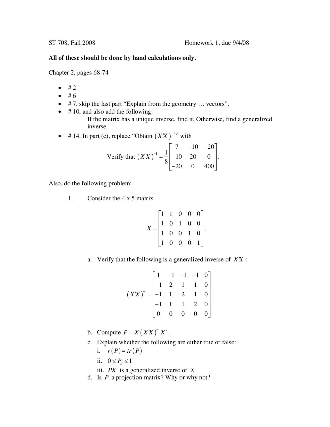 Questions For Assignment 1 Applied Least Squares St 708 Docsity