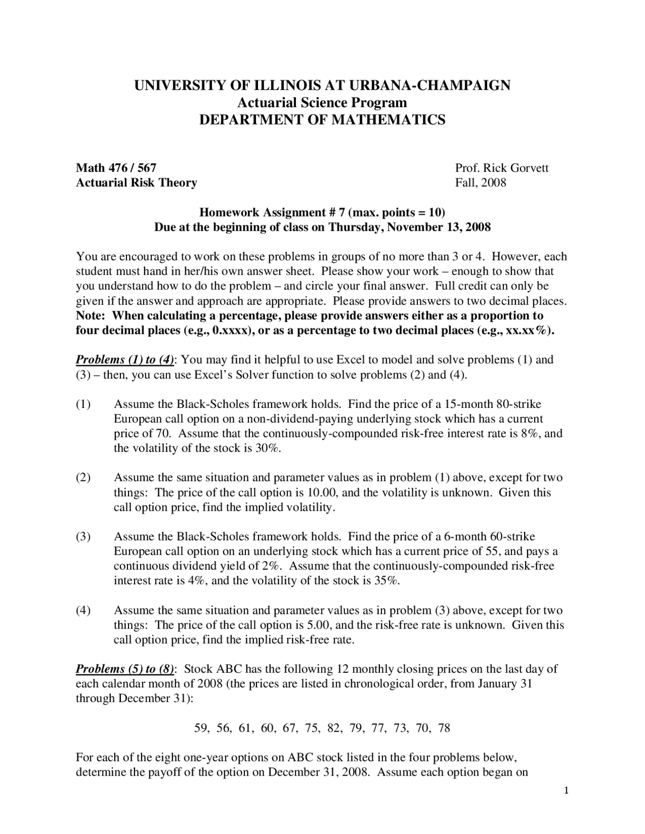10 Problems On Actuarial Risk Theory Assignment 7 Math 476 Docsity