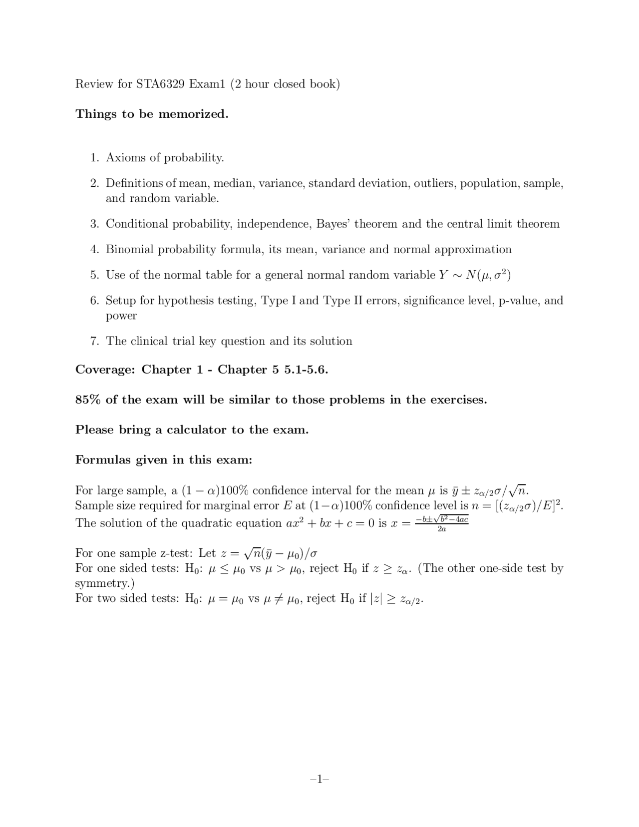 Mean, Median, Model and Standard Deviation - Exam 1 | STA 6166 - Docsity