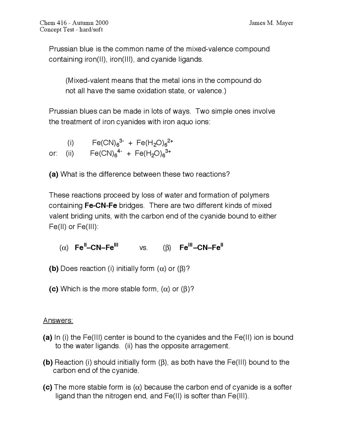 Test Questions With Answer Transition Metals Chem 416 Docsity