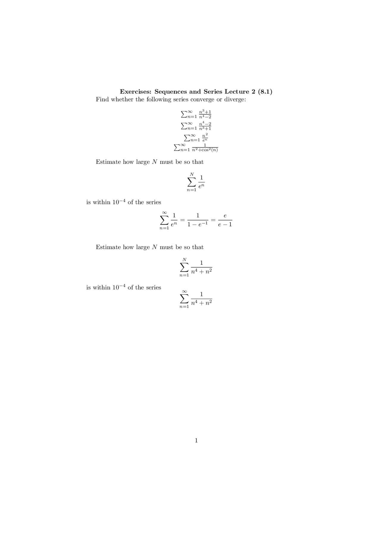 Exercises: Sequences and Series Convergence or Divergence | MATH 231 ...