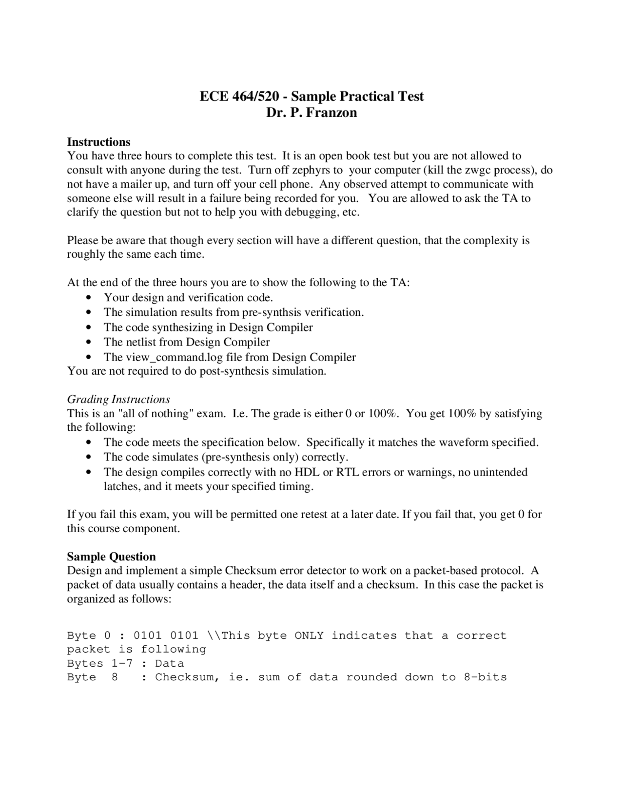 Sample Practical Test For Digital Asic Design Ece 464 Docsity