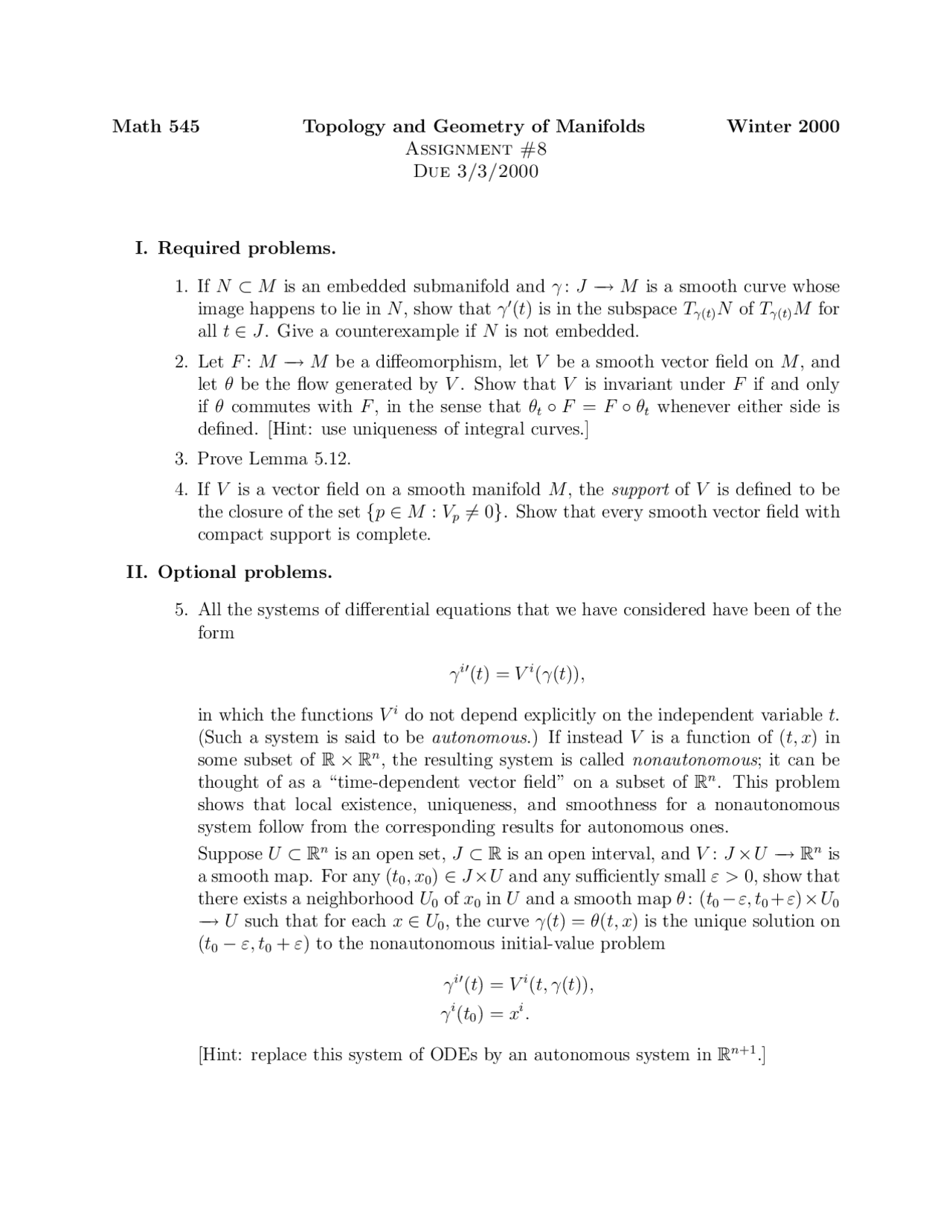 Problems For Assignment 8 Differential Geometry Math 545 Docsity