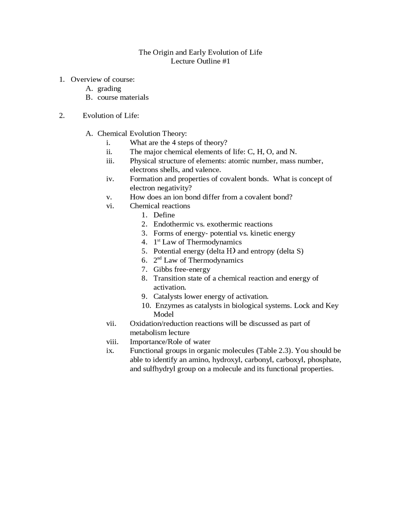 Lecture Outline For The Origin And Early Evolution Of Life Biol 200