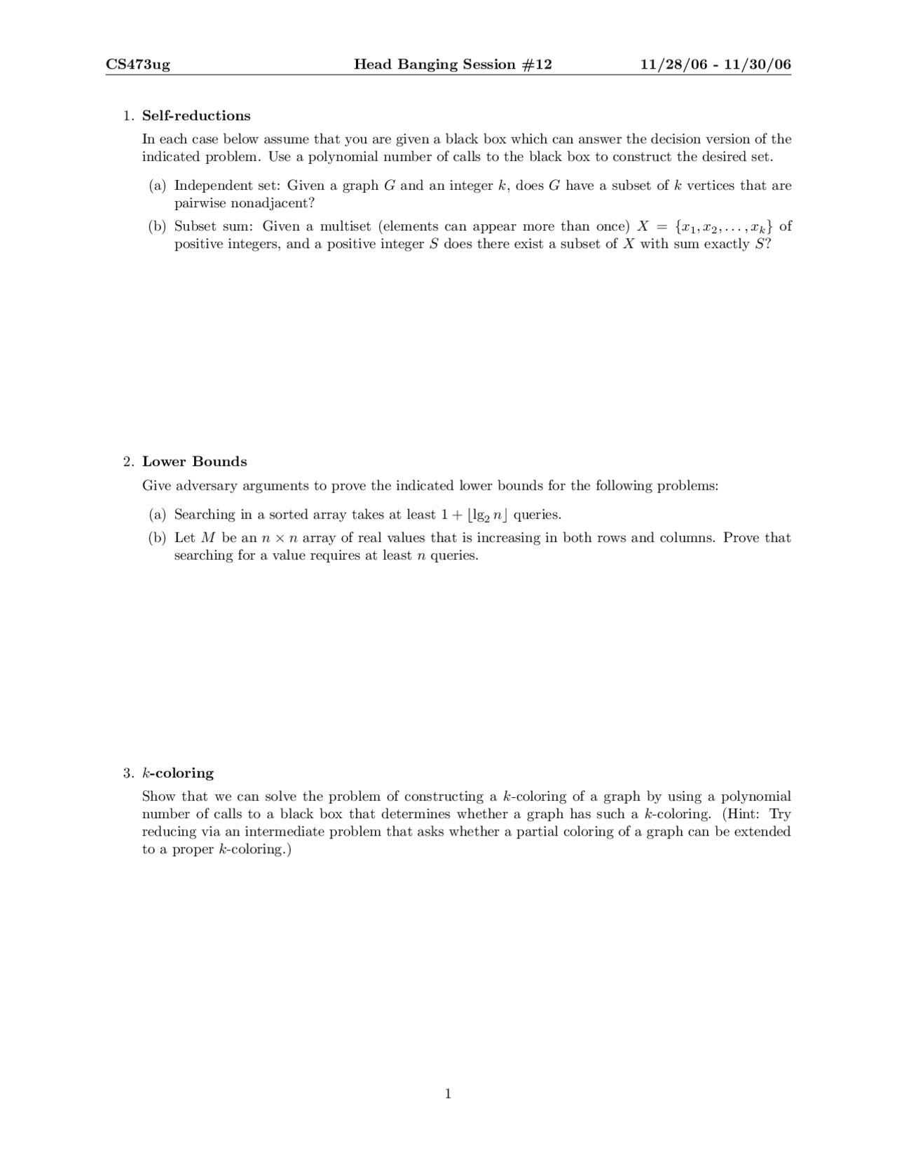 Self-Reductions, Lower Bounds and K Coloring | CS 473 - Docsity