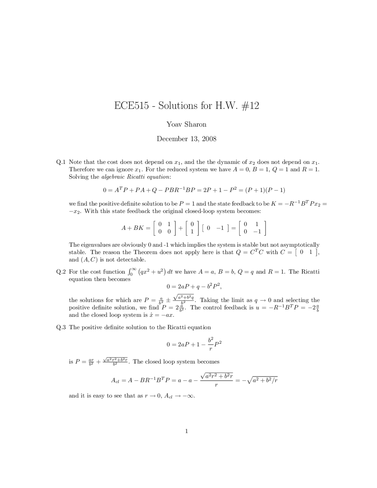 Solutions For Homework 12 Control System Theory And Design Ece 515