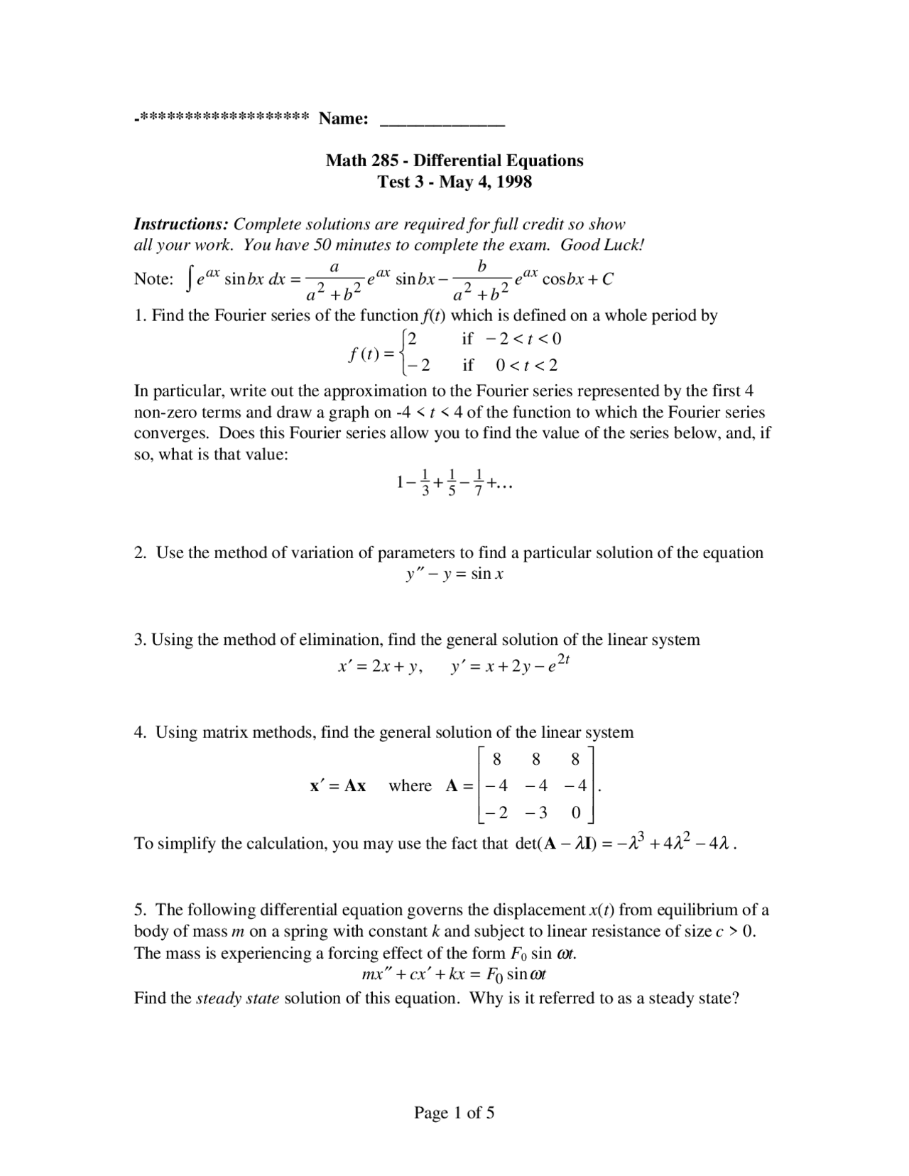 Test 3 With 5 Questions Introduction Differential Equations Math