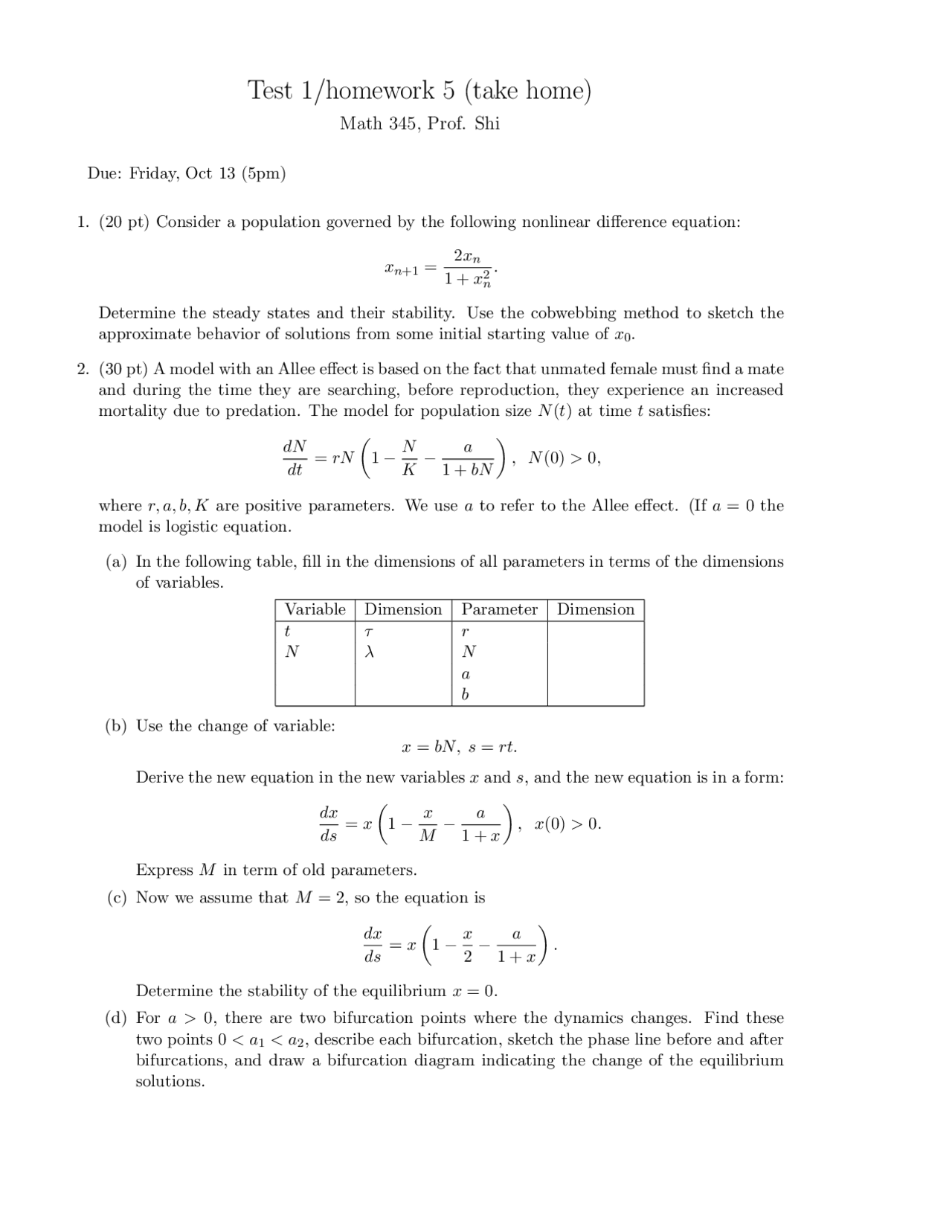 Take Home Test 1 Introduction To Mathematical Biology Math 345