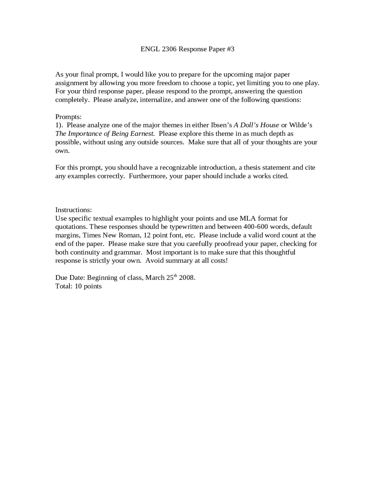 Introduction to Drama - Response Paper 3 | ENGL 2306 - Docsity