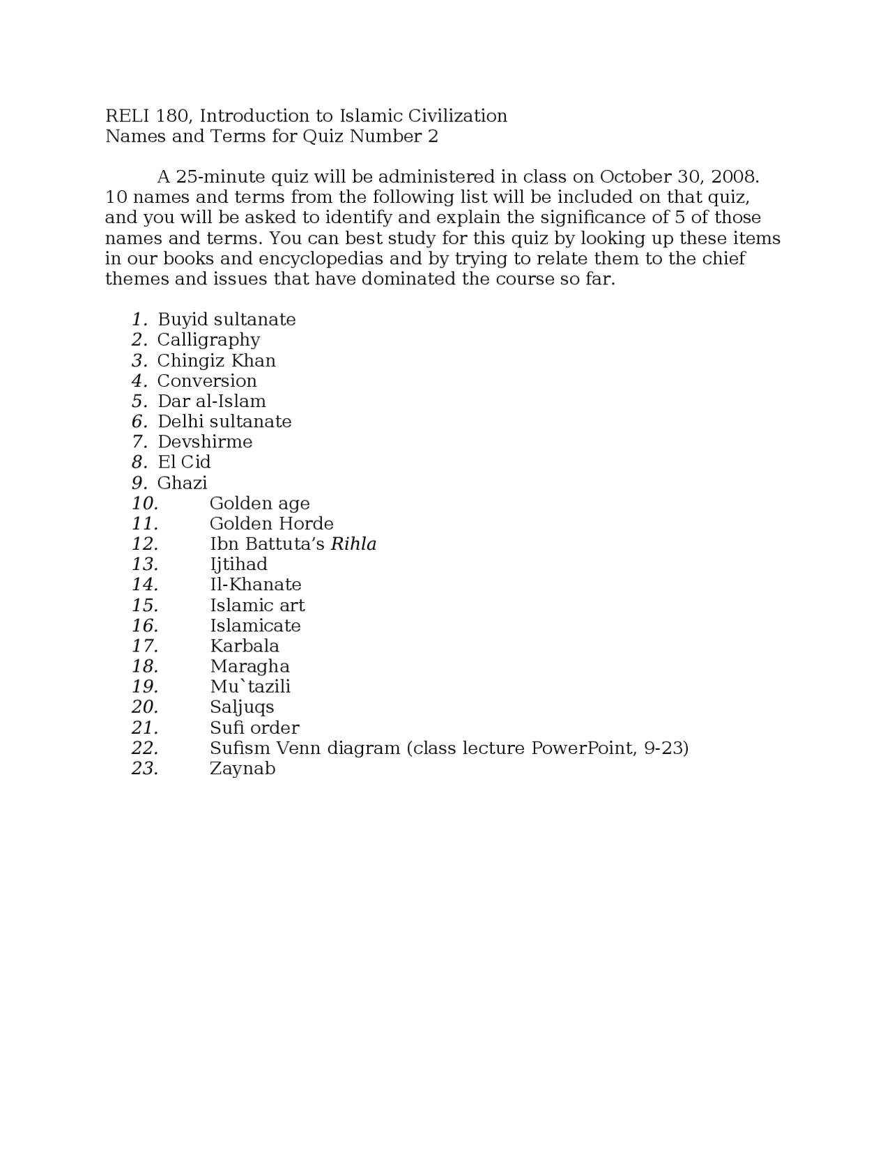 Quiz 2 in RELI 180: Significance of Islamic Civilization Names and ...