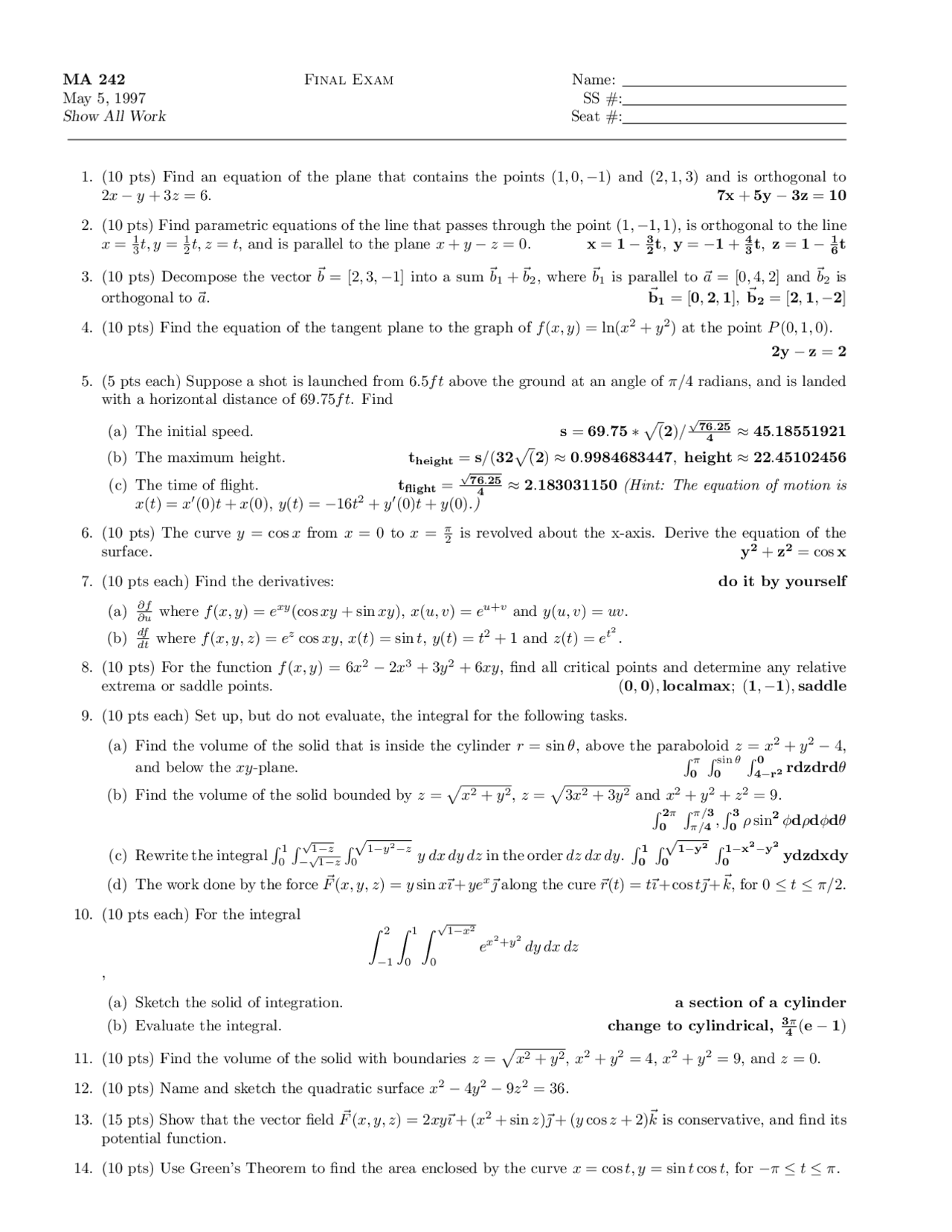 14 Questions for Final Exam - Calculus III | MA 242 - Docsity