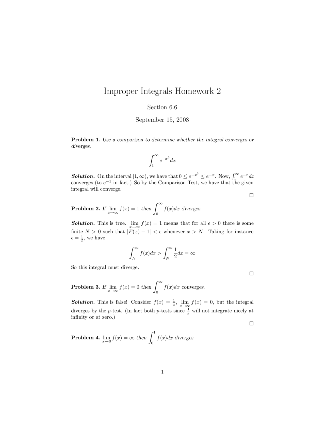 5 Solved Problems On The Improper Integrals Homework 2 Math 231