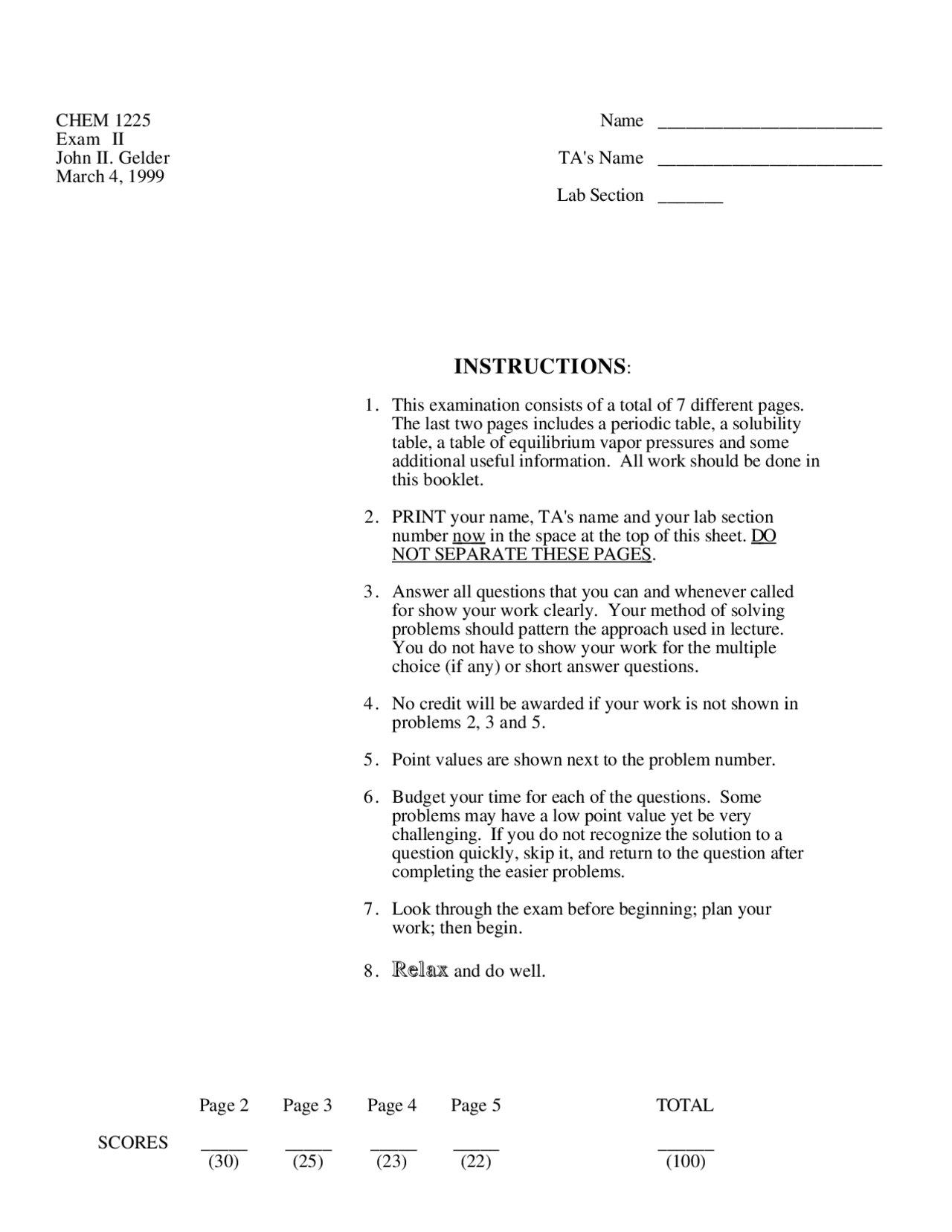 Questions On The Periodic Table Of Elements Exam 2 Chem 1225 Docsity