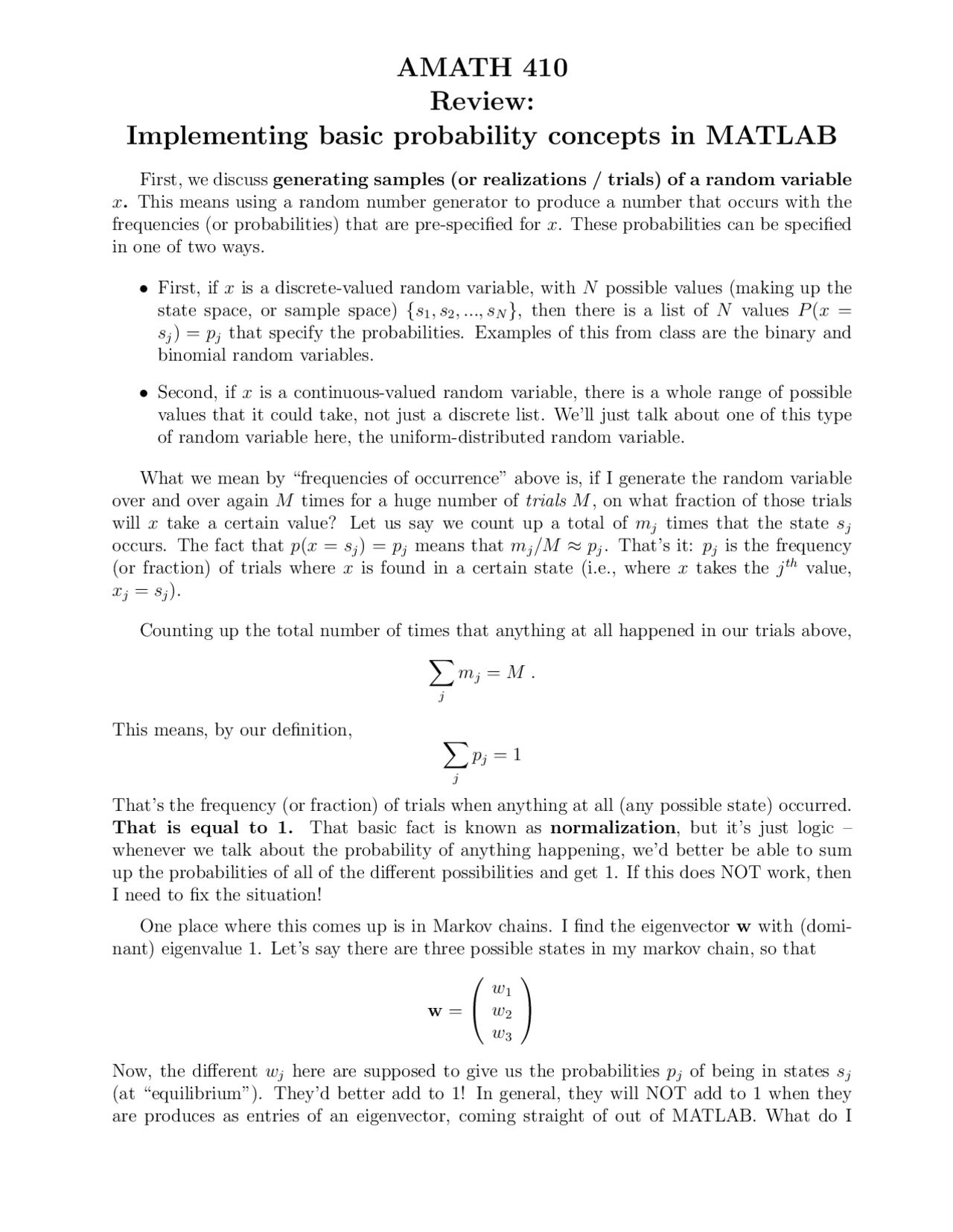 Implementing Basic Probability Concepts in MATLAB | AMATH 410 - Docsity