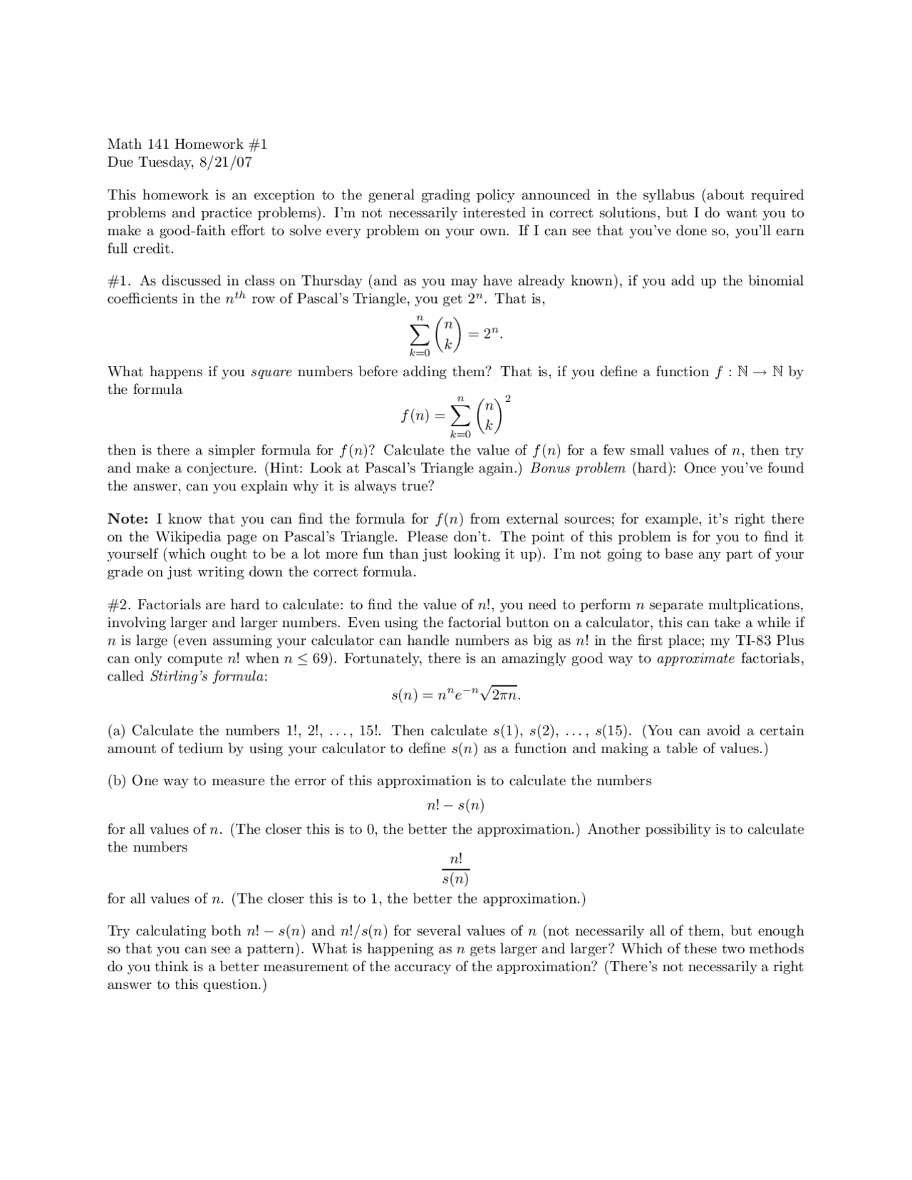 Math 141 Homework #1: Exploring Functions and Approximations - Prof. Jeremy Martin | Assignments ...