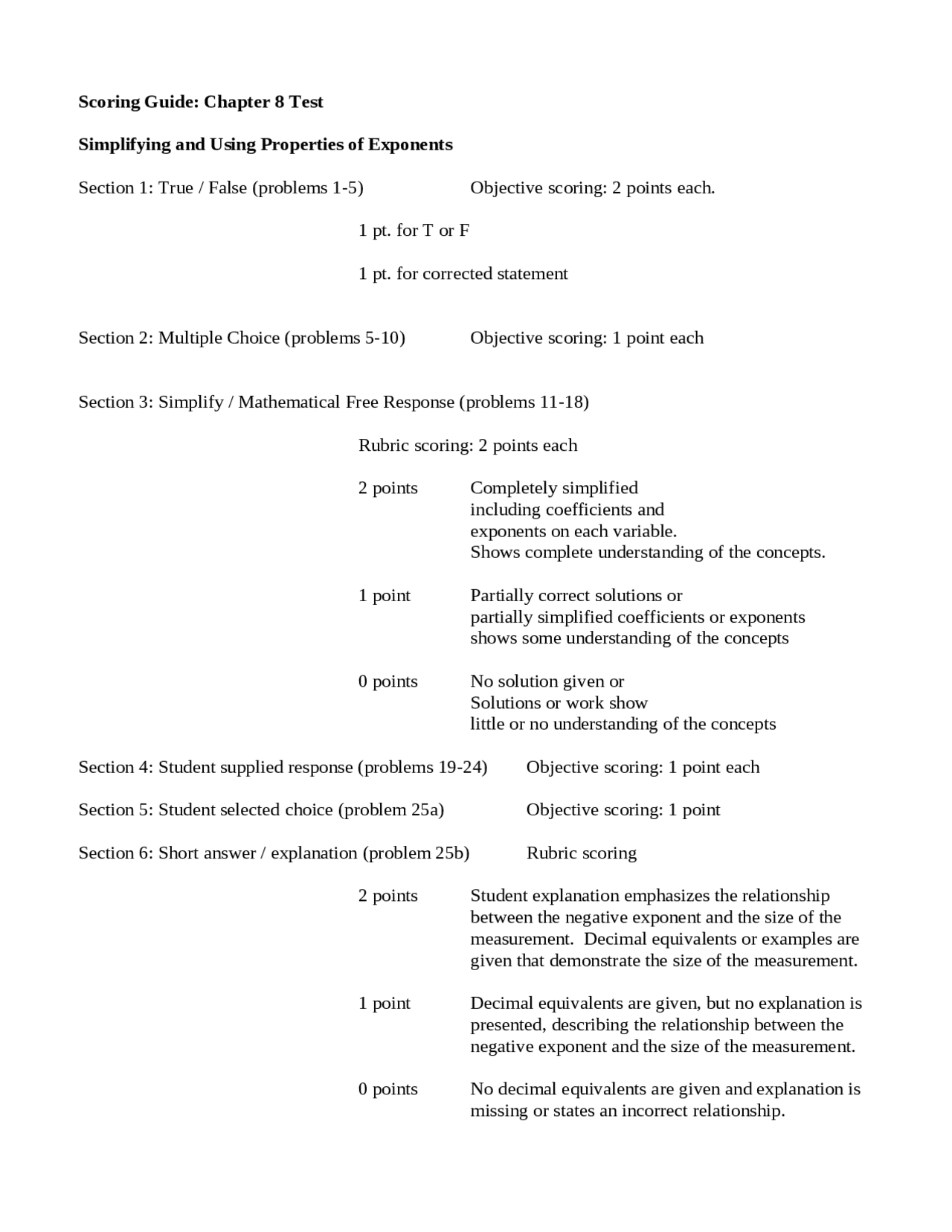 Chapter 8 Test Scoring Guide: Exponents and Exponential Functions ...