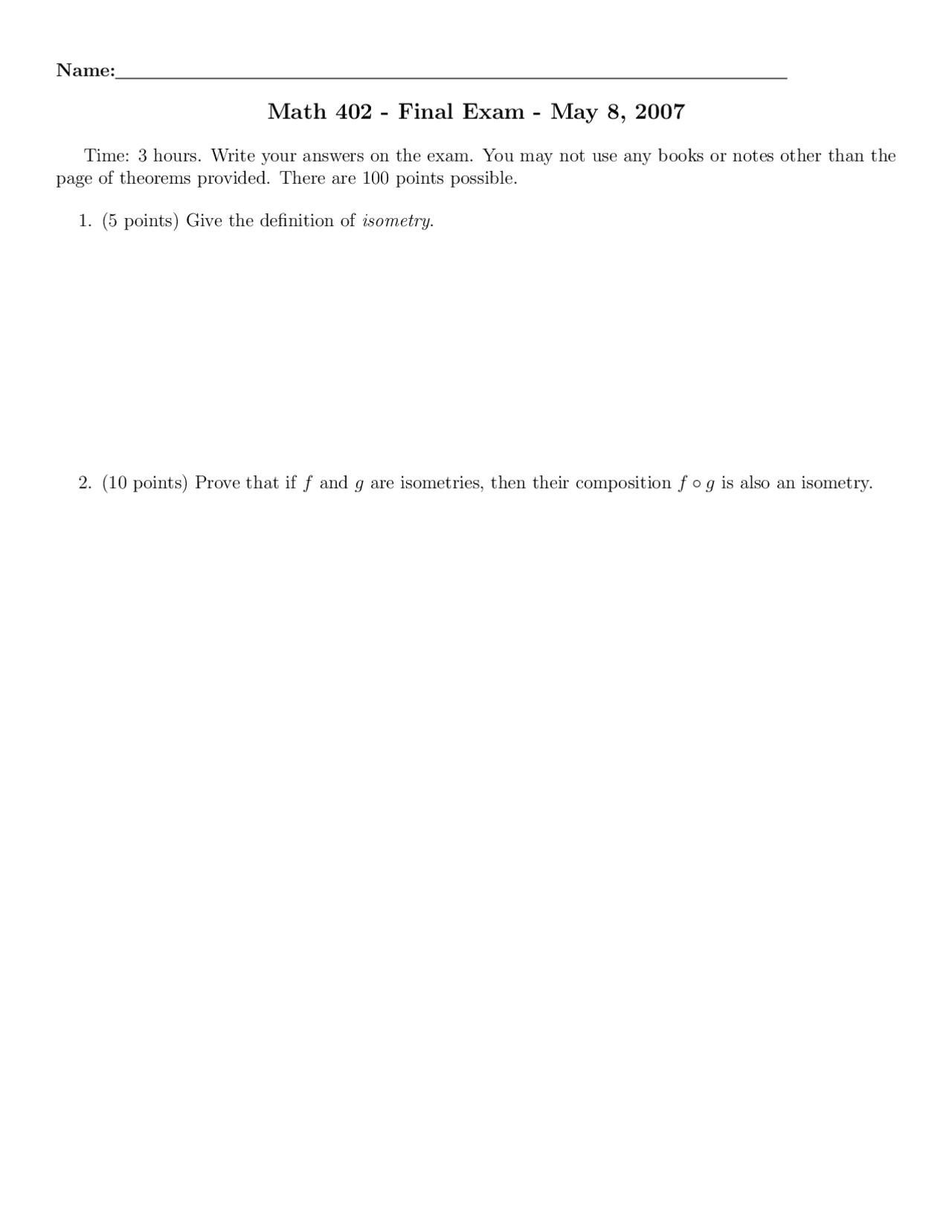 9 Questions On Non Euclidean Geometry Exam Math 402 Docsity