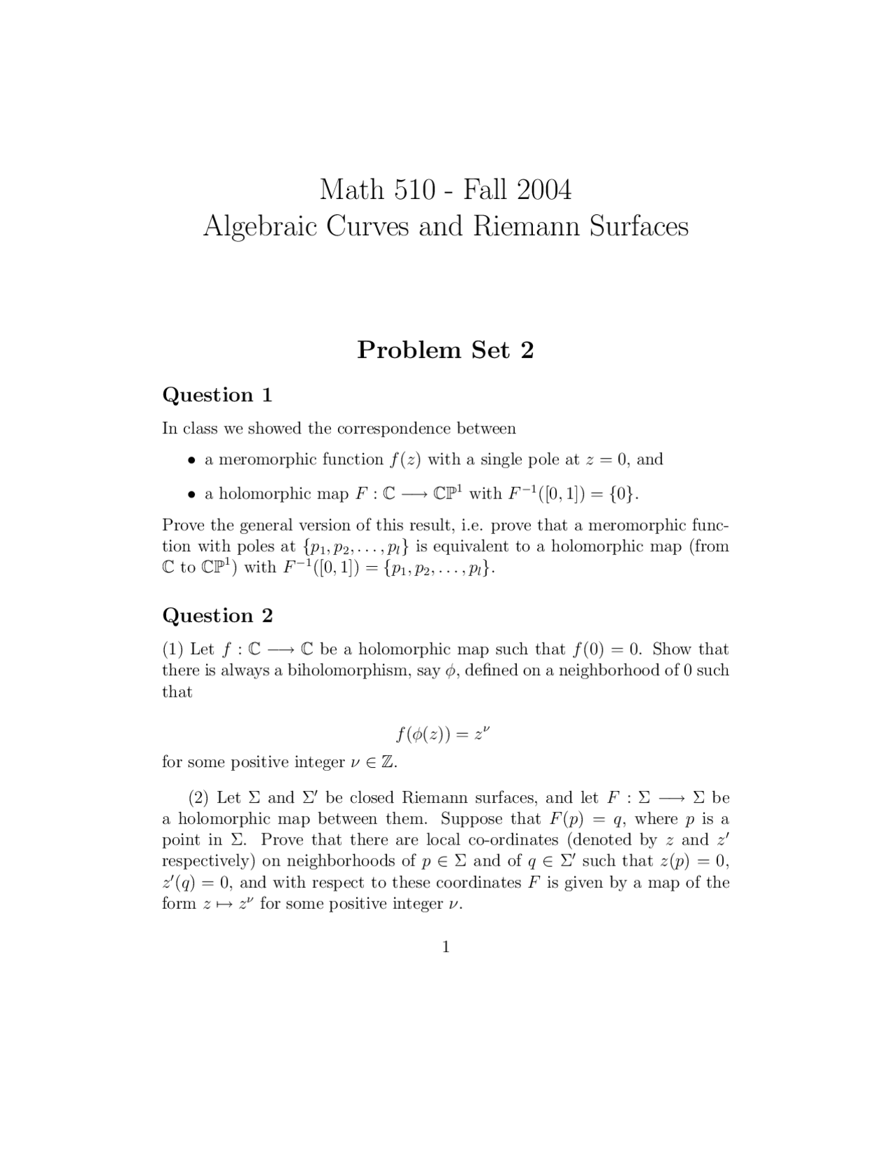 6 Questions On Algebraic Curves And Riemann Surfaces Math 510 Docsity