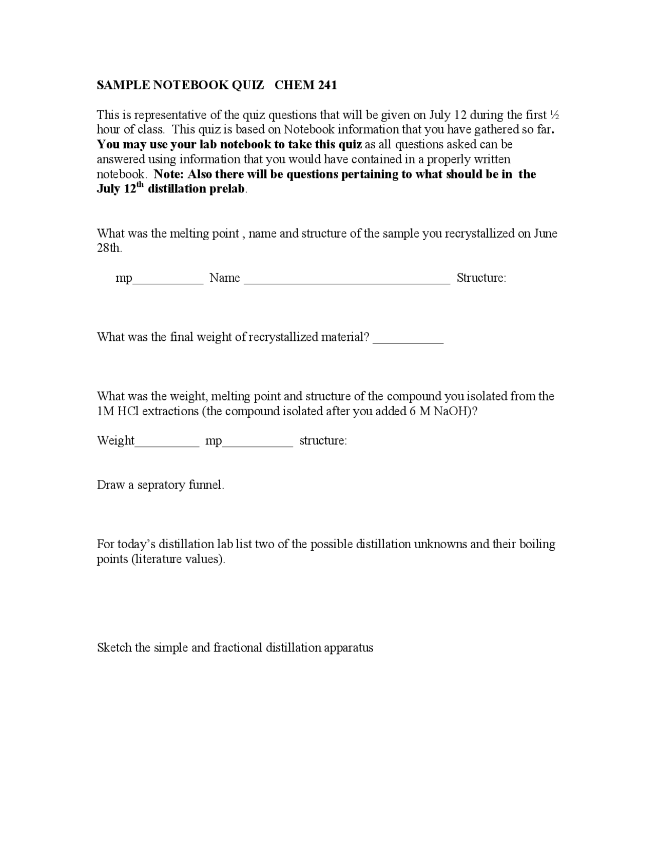 Organic Chemistry Lab Sample Quiz I Chem 241 Docsity