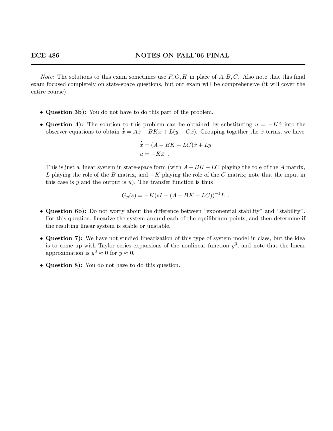 Final Exam, Questions - Control Systems | ECE 486 - Docsity