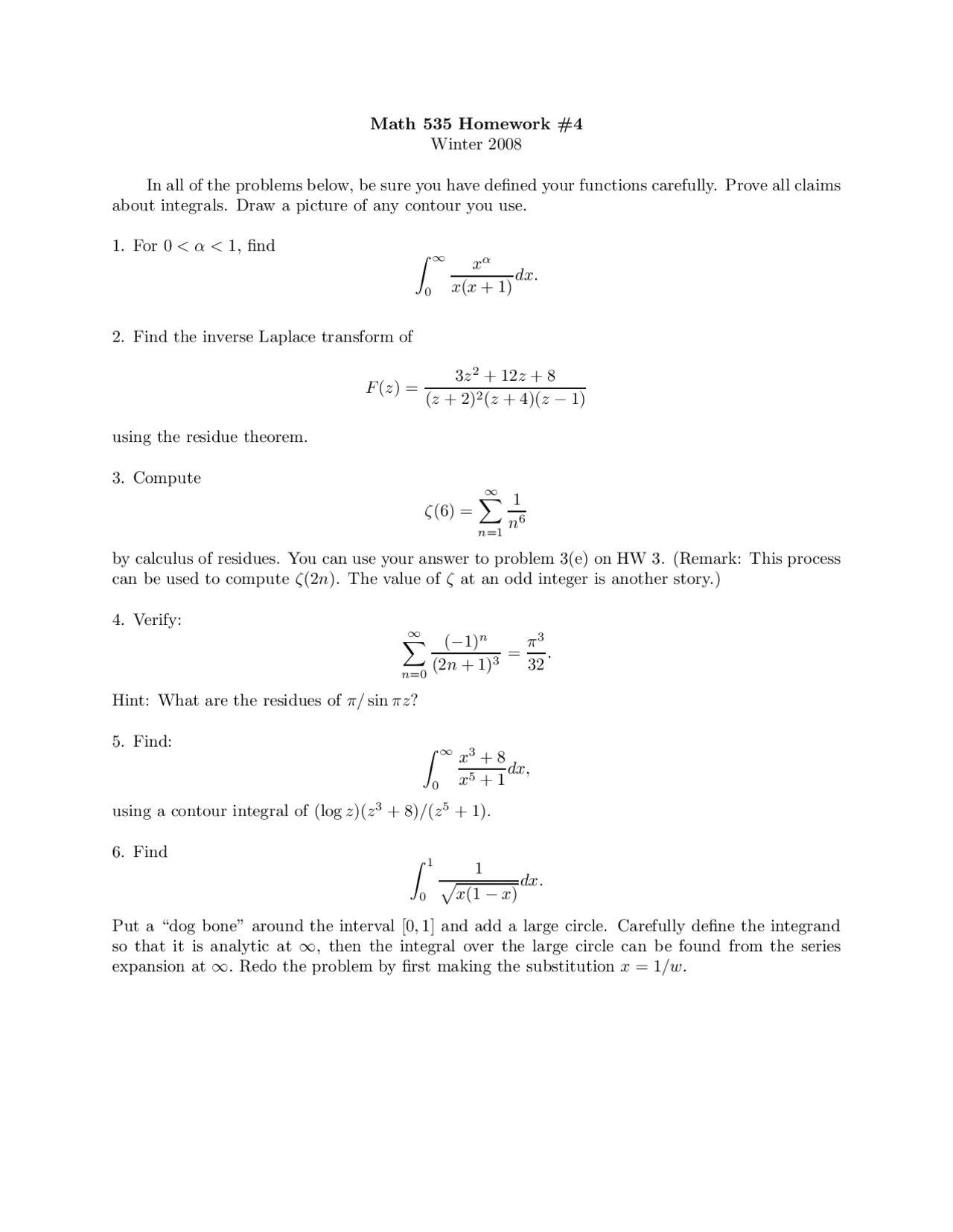 6 Problems In Homework 4 Complex Analysis Math 535 Docsity