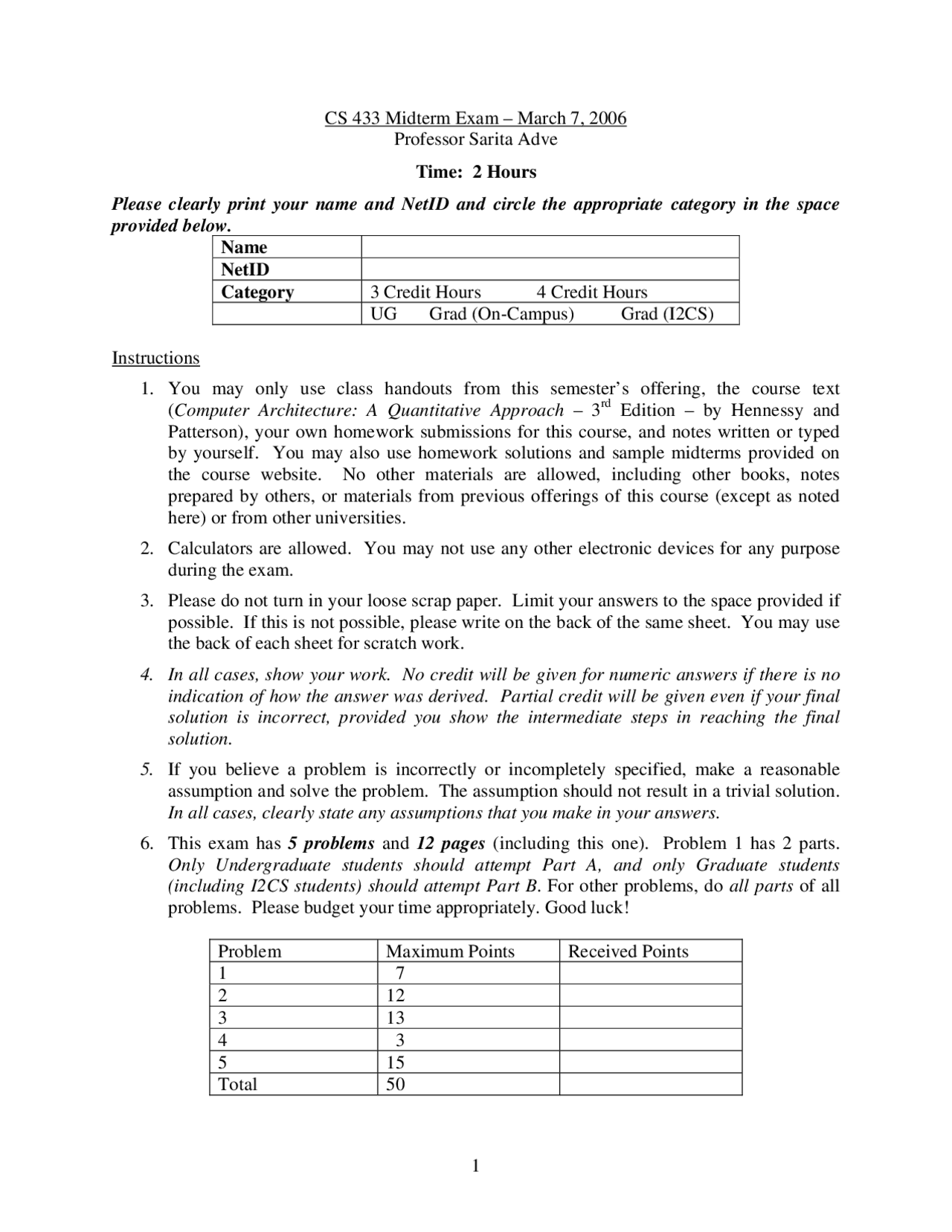 Midterm Exam Computer System Organization 2006 Cs 433 Docsity 