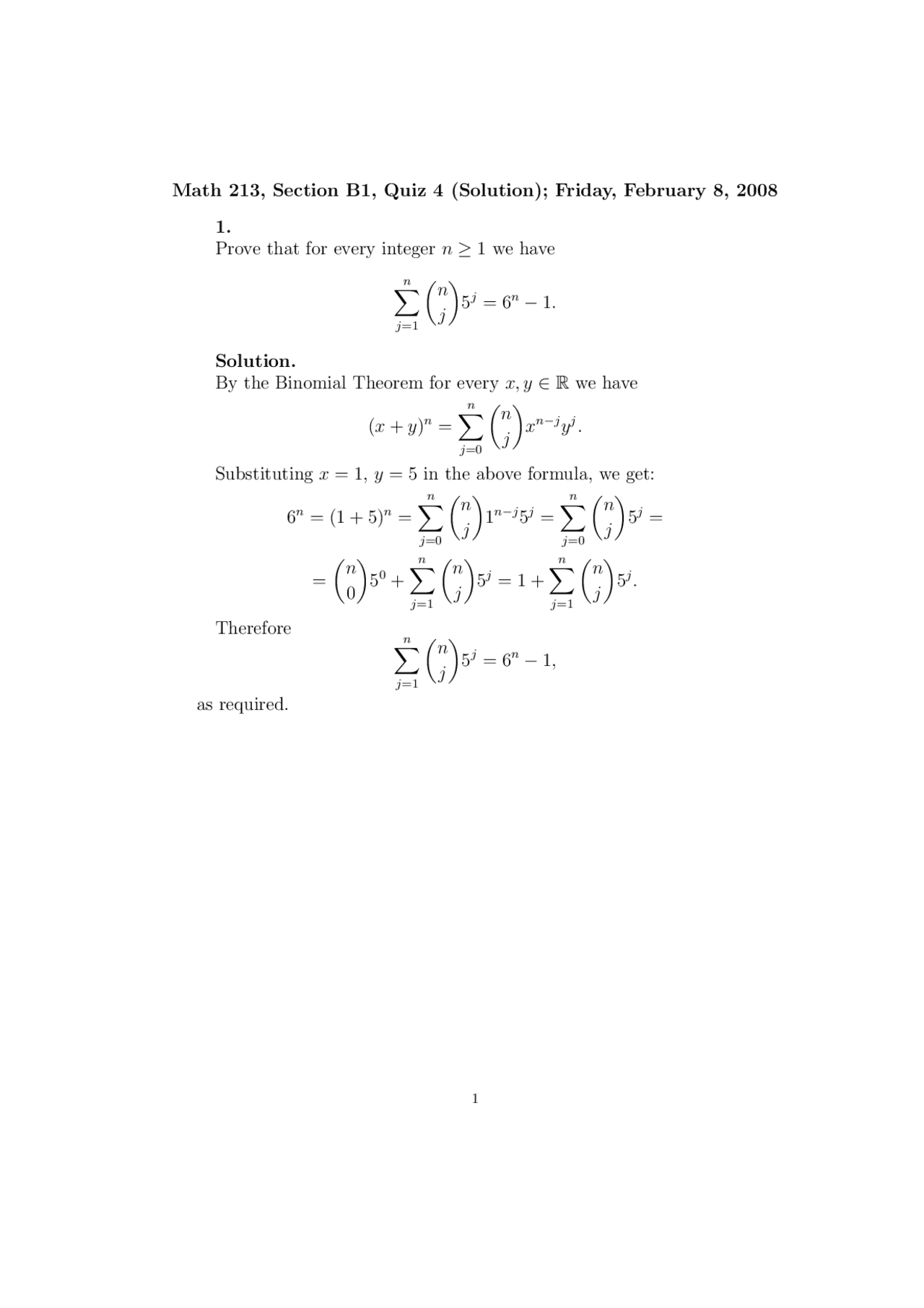 Solved Problems on Binomial Theorem - Quiz 4 | MATH 213 - Docsity
