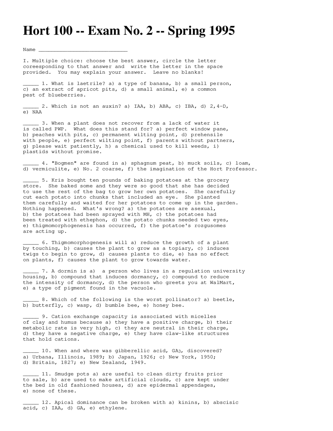 Introduction To Horticulture Final Examination Hort 100 Docsity