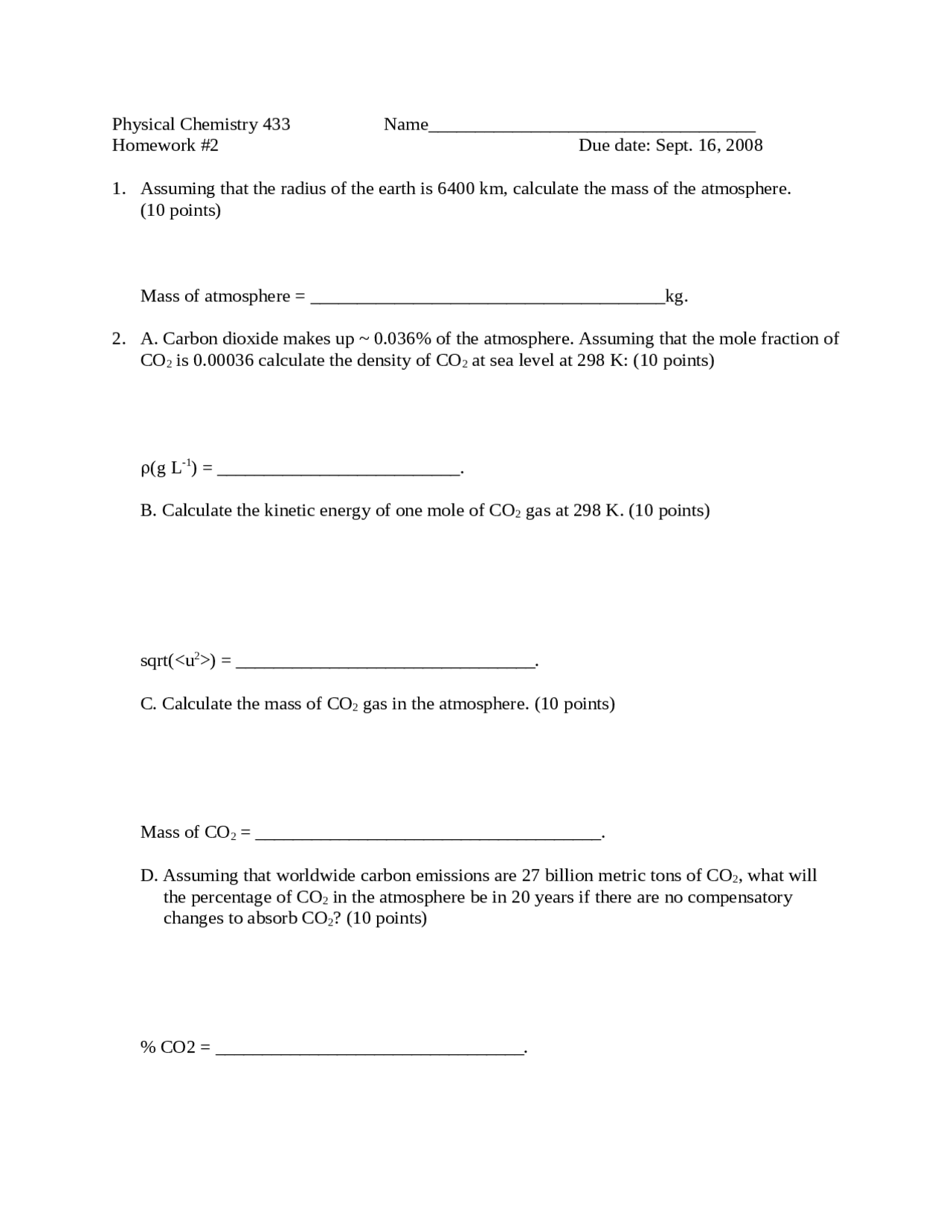 Physical Chemistry II - Assignment 2 Problems | CH 433 - Docsity